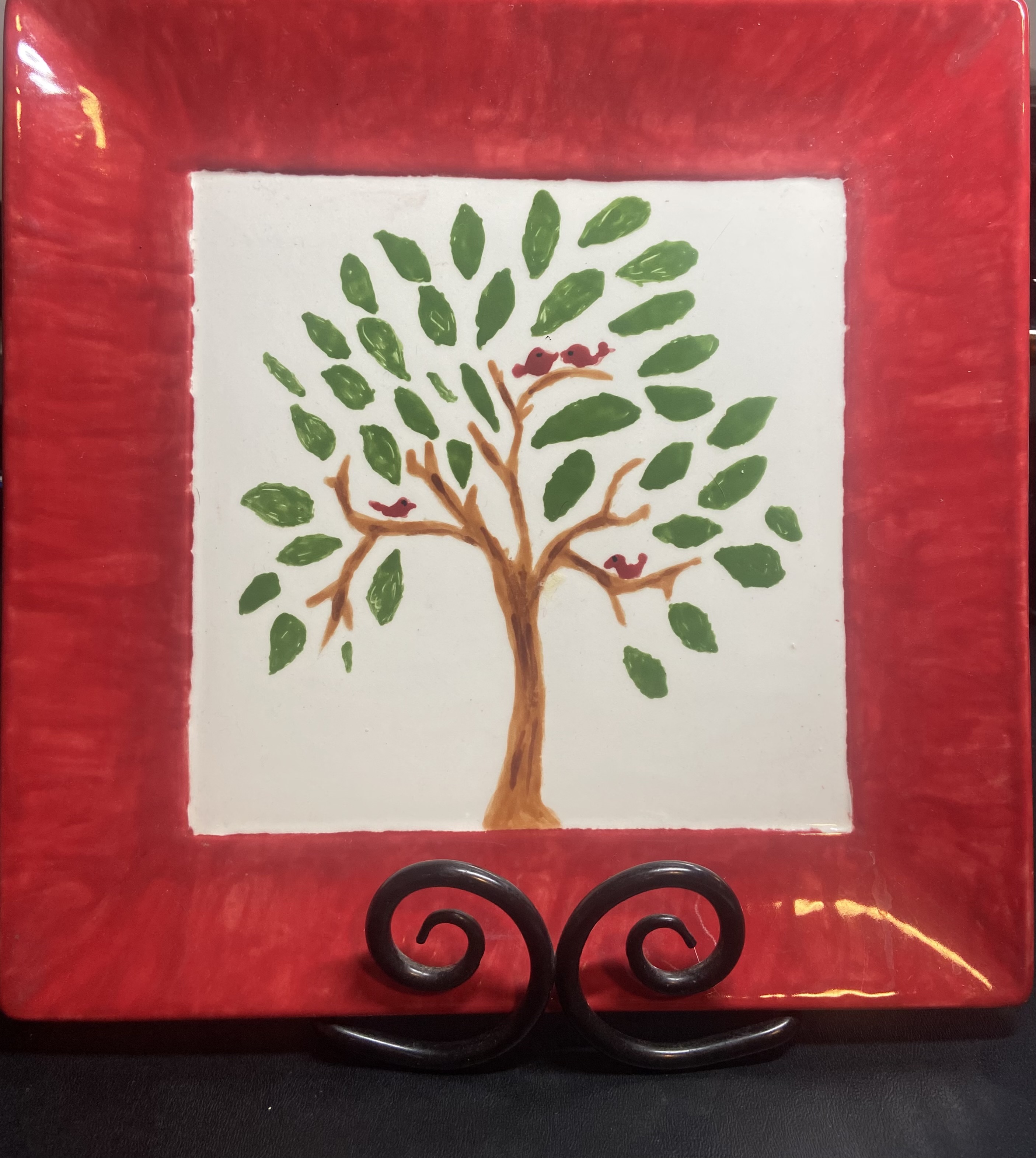 Square Red Rimmed Plate w/ Handpainted Image of Tree & Red Birds, 10"x10"