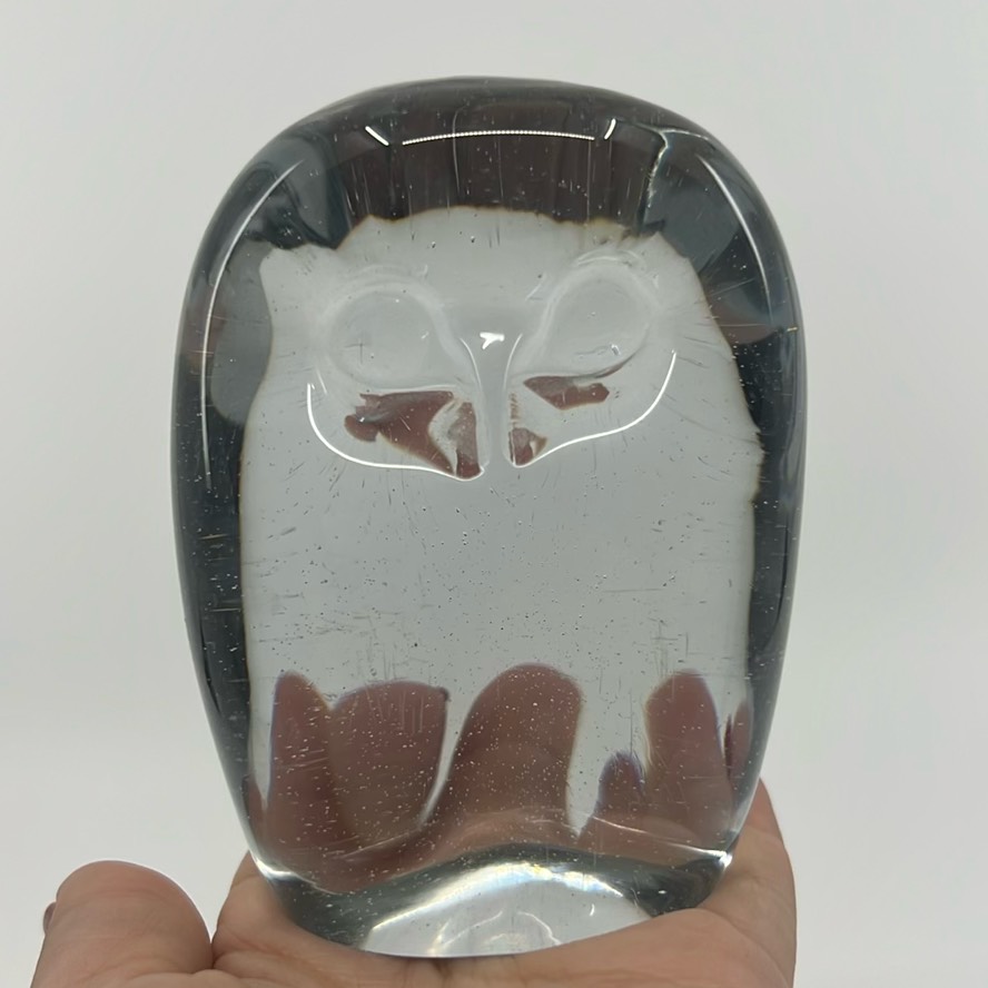 Mid Century Clear Owl Paperweight 4” UV Glow (GTues)