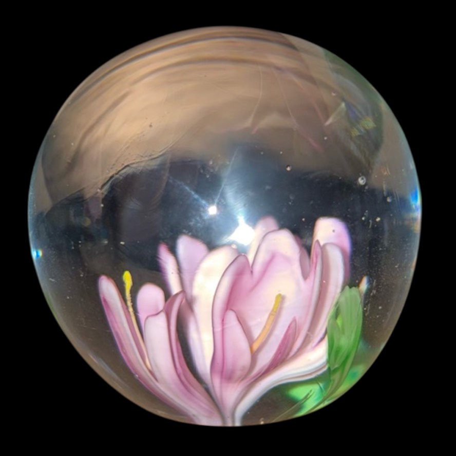 Dynasty Gallery Collectible Art Glass Paperweight W/ Pink Flower Green ...