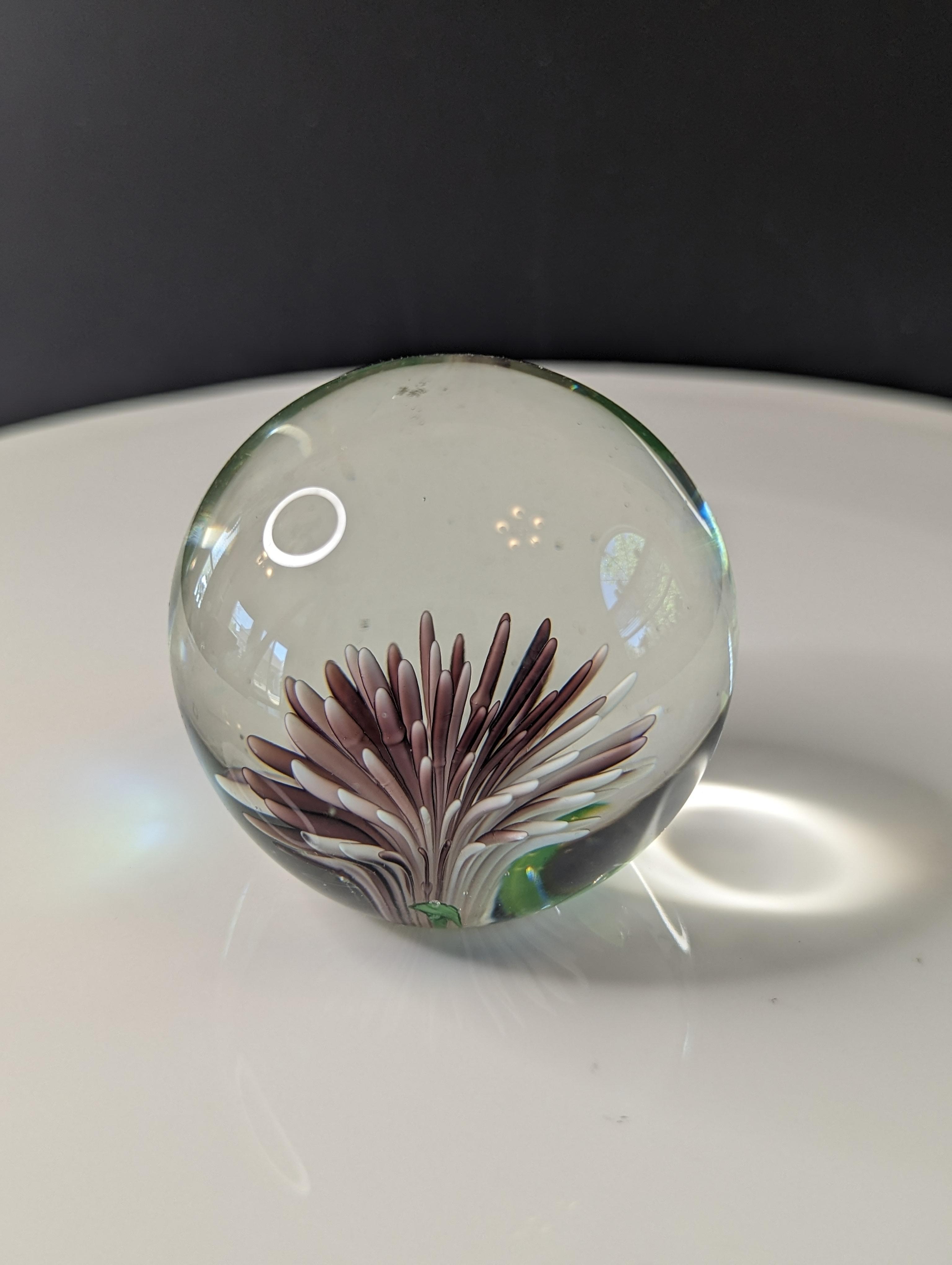 Vintage Glass Paperweight with Floral Design, Chrysanthemum Pink/Purple ...