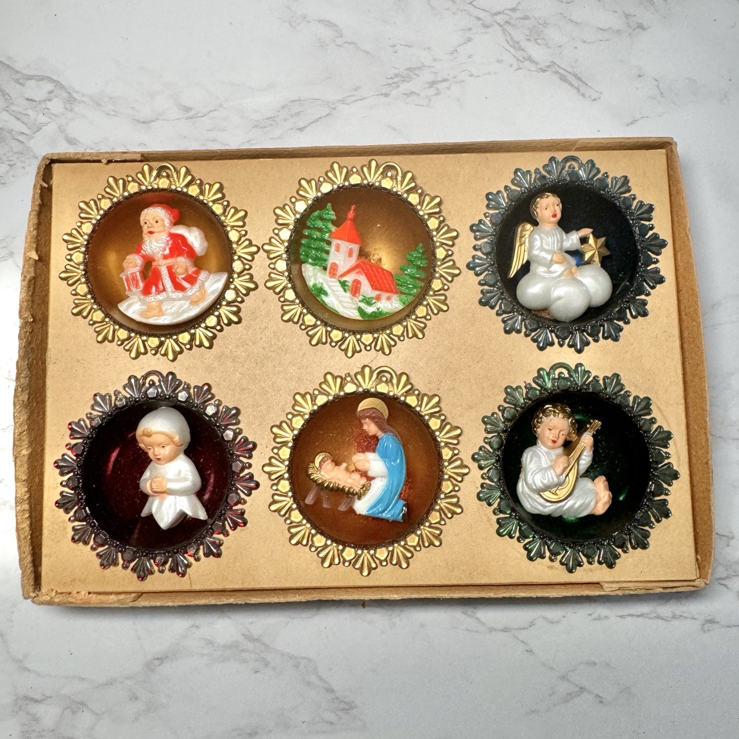 Vintage Plastic German Diorama Christmas Ornaments in Box - AS IS Needs ...