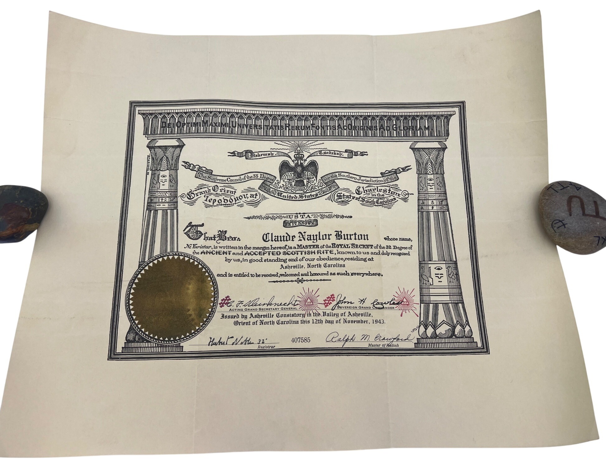 1943 Masonic 32nd Degree Scottish Rite Certificate Asheville NC Ancient ...