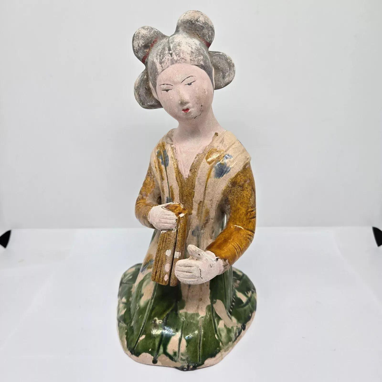 Antique Hand Painted Chinese Woman Terracotta Figurine Kneeling ...