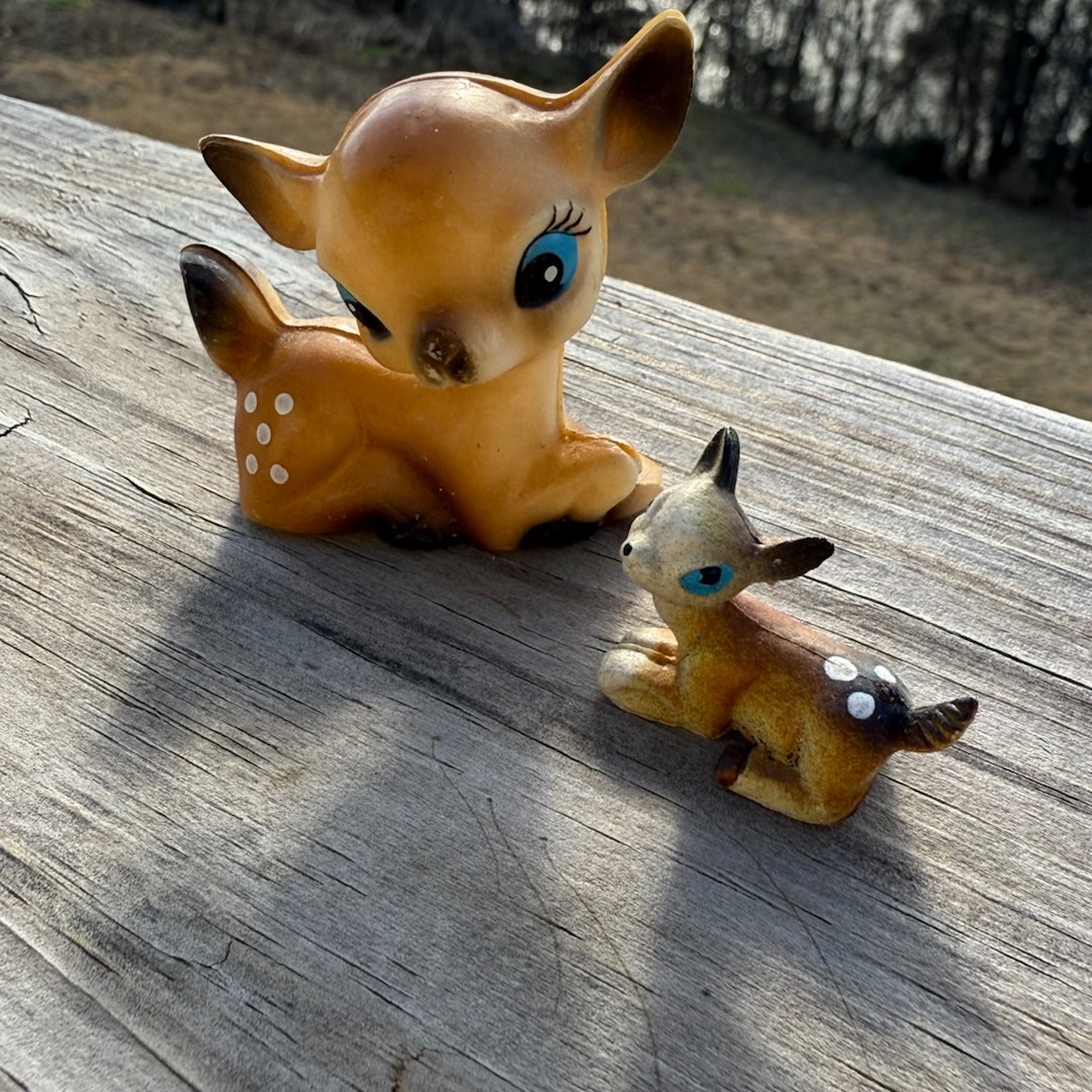 1960s "Big Eye" Fawn & Deer Figures Marked Hong Kong Set of 2