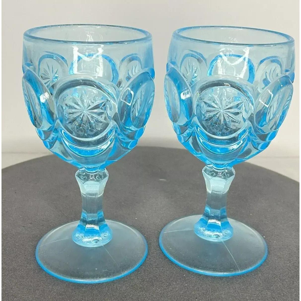 Vintage Pair Knobby Bulls Eye Blue Star & Dot Wine Goblets Glasses By ...