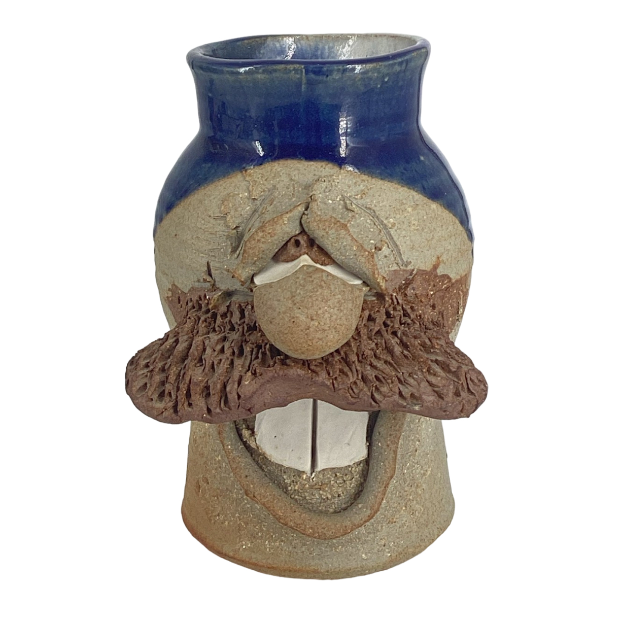 Handmade Pottery Ugly Funny Face Man with Mustache Mug Folk Art Vase Cup CB