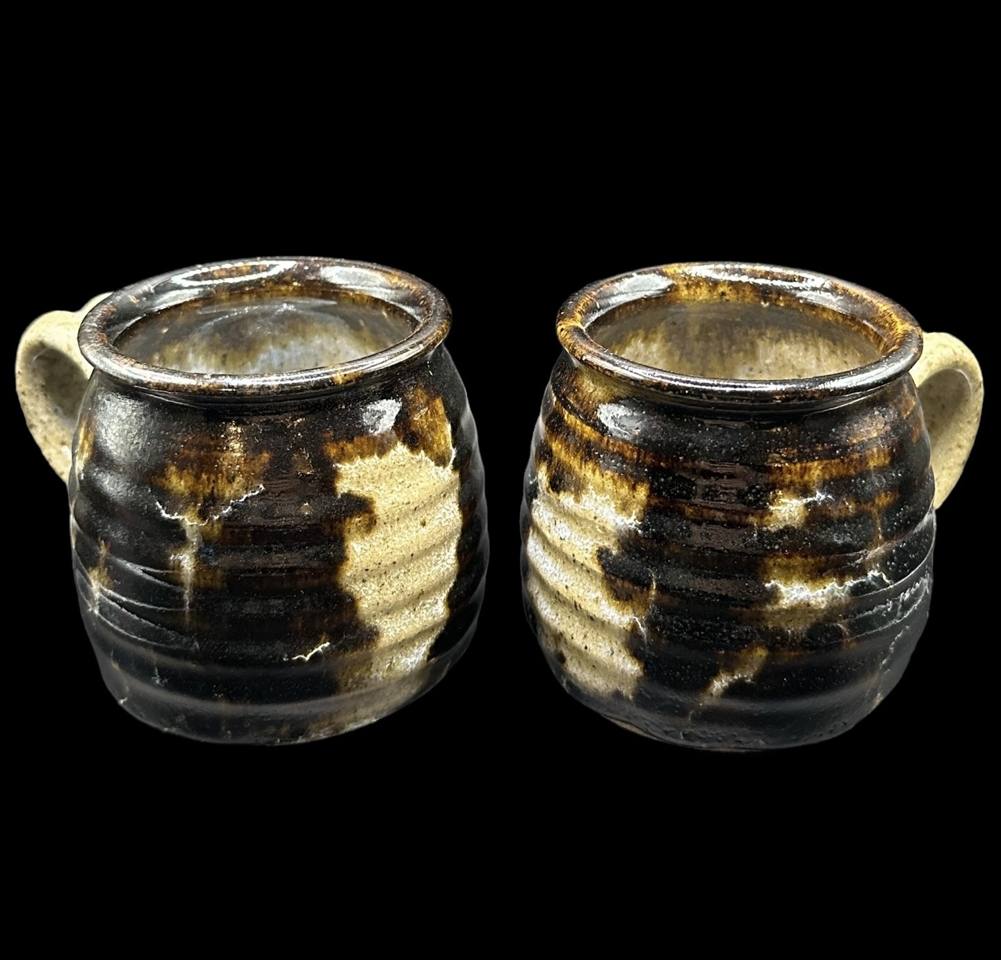 Vintage Mercy Farms Pottery Ribbed Stoneware Mugs - Matched Pair- 1979