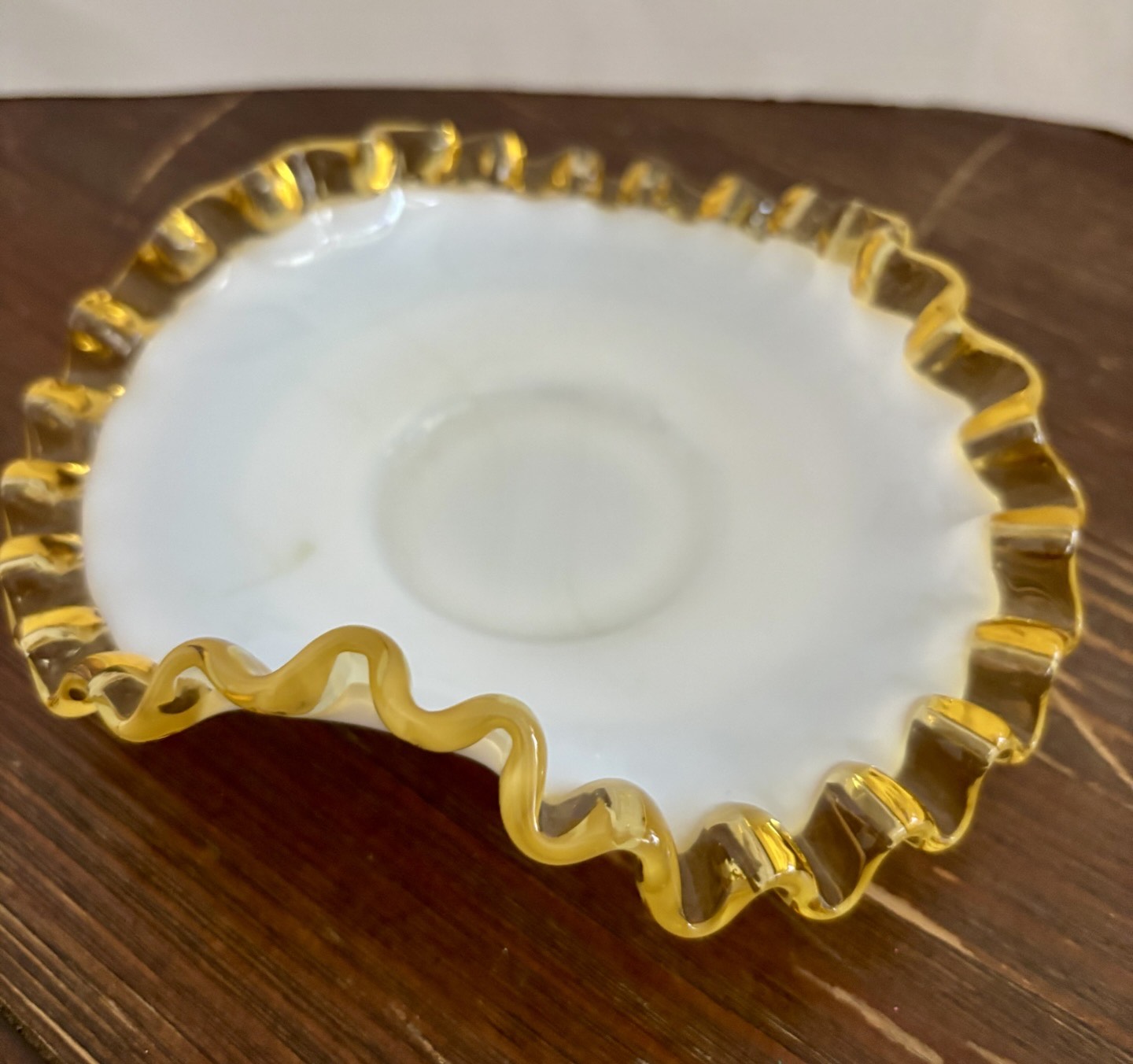 Fenton Vintage Gold Crest Ruffled Edge Milk Glass Shallow Candy Dish ...
