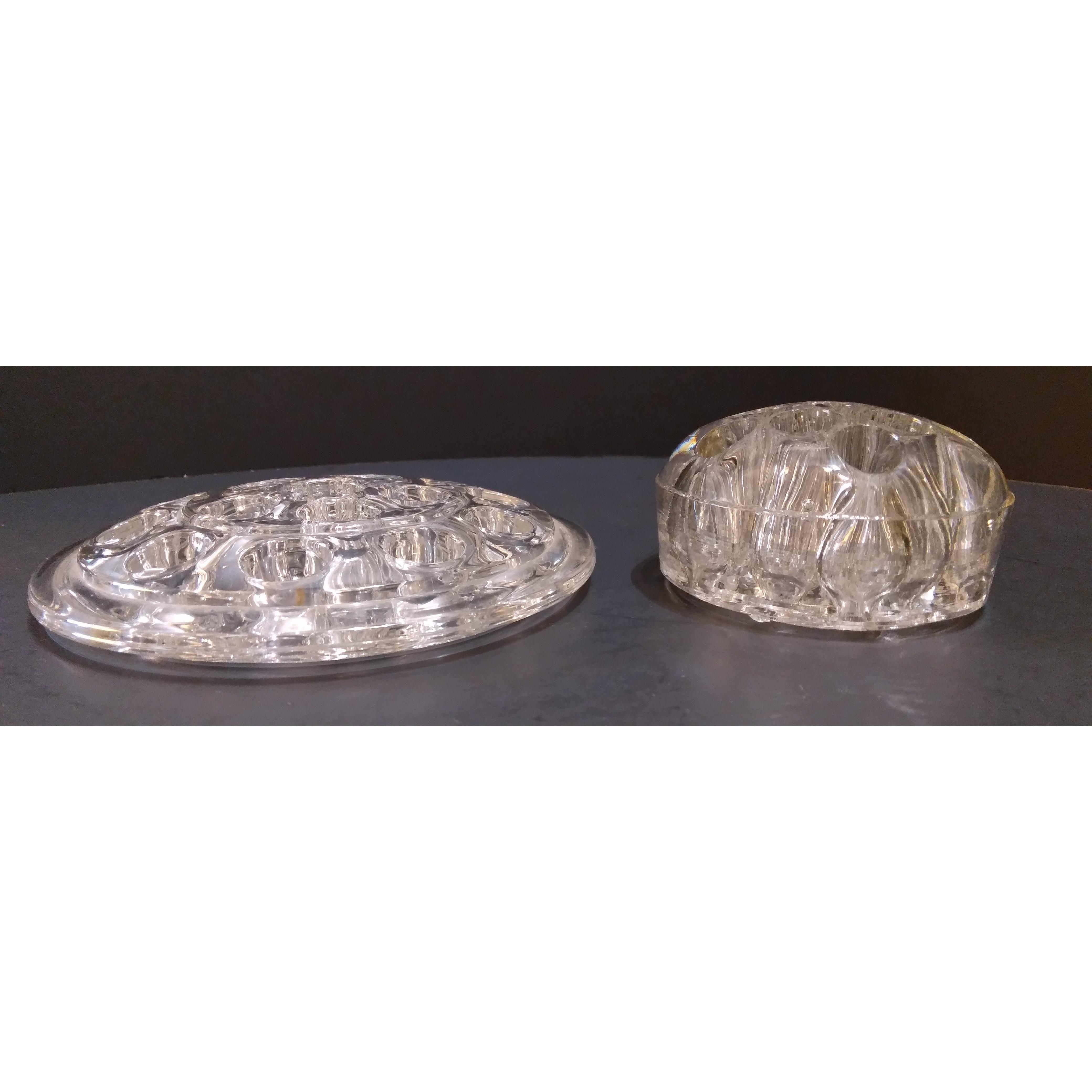 2 Vintage Clear Glass Flower Frogs 5-inch 16 Hole and 3-inch 11 Hole