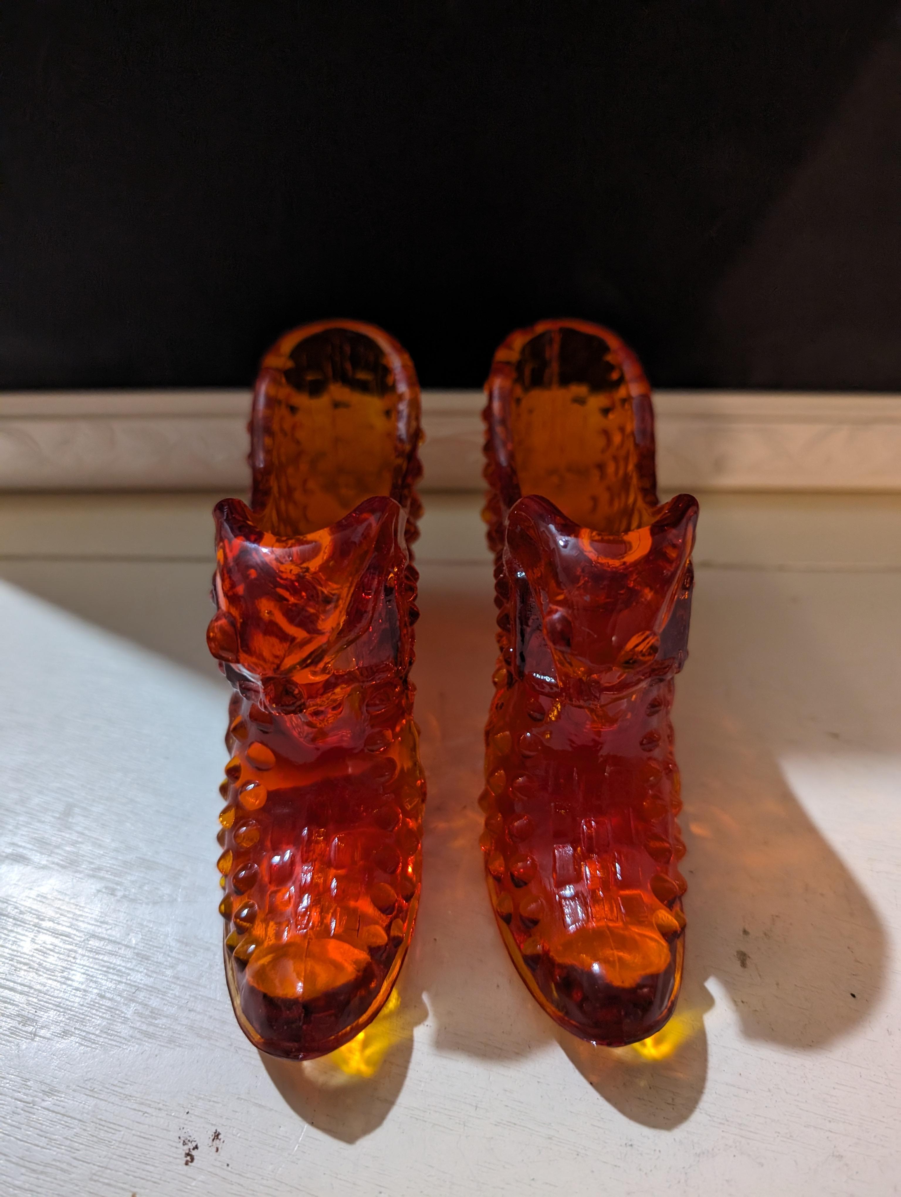 Vintage Fenton Orange Hobnail Cat Design Shoes With Cadmium Glass Glows ...