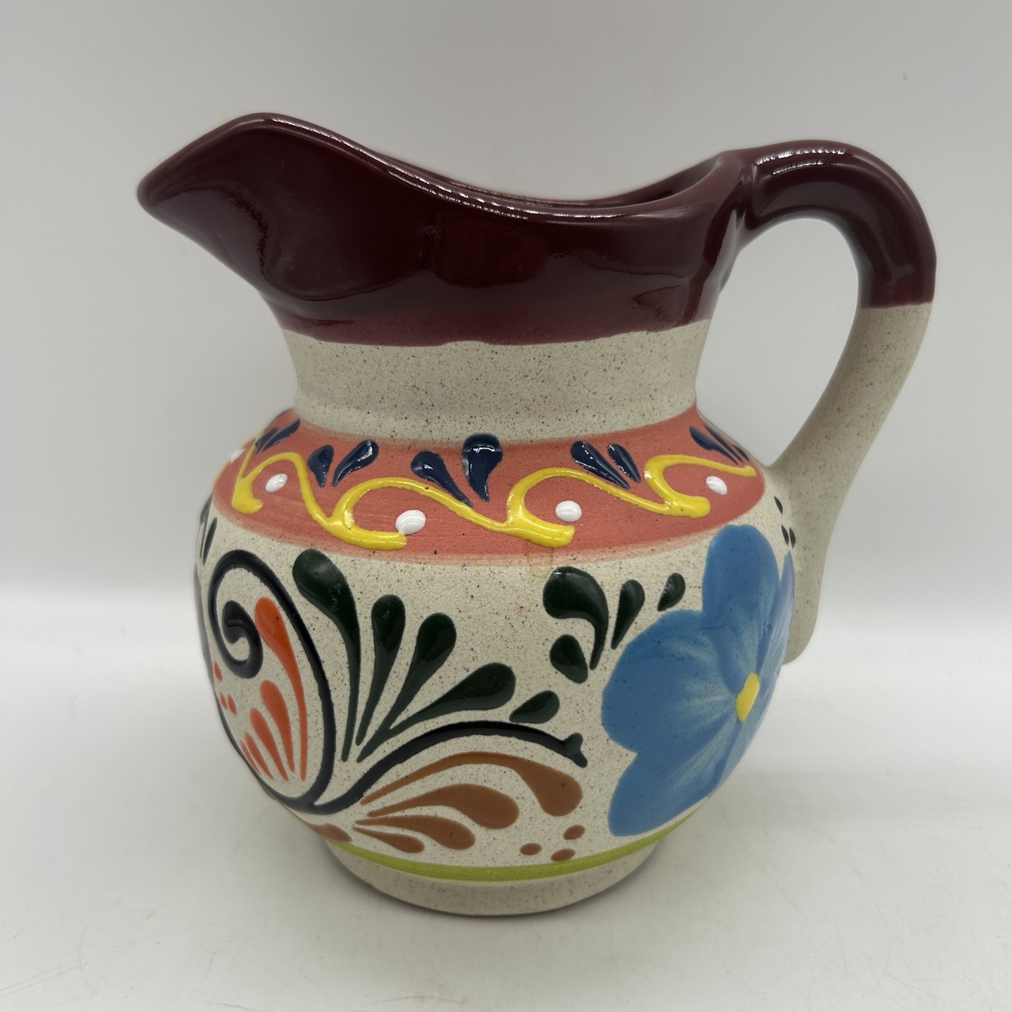 Colorful Terracotta/Sandstone Mexican Floral Pottery Pitcher