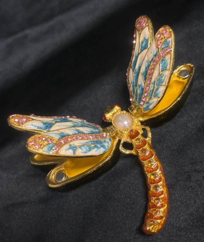Spectacular Vintage Rhinestone Enamel Dragonfly Hinged Trinket Box