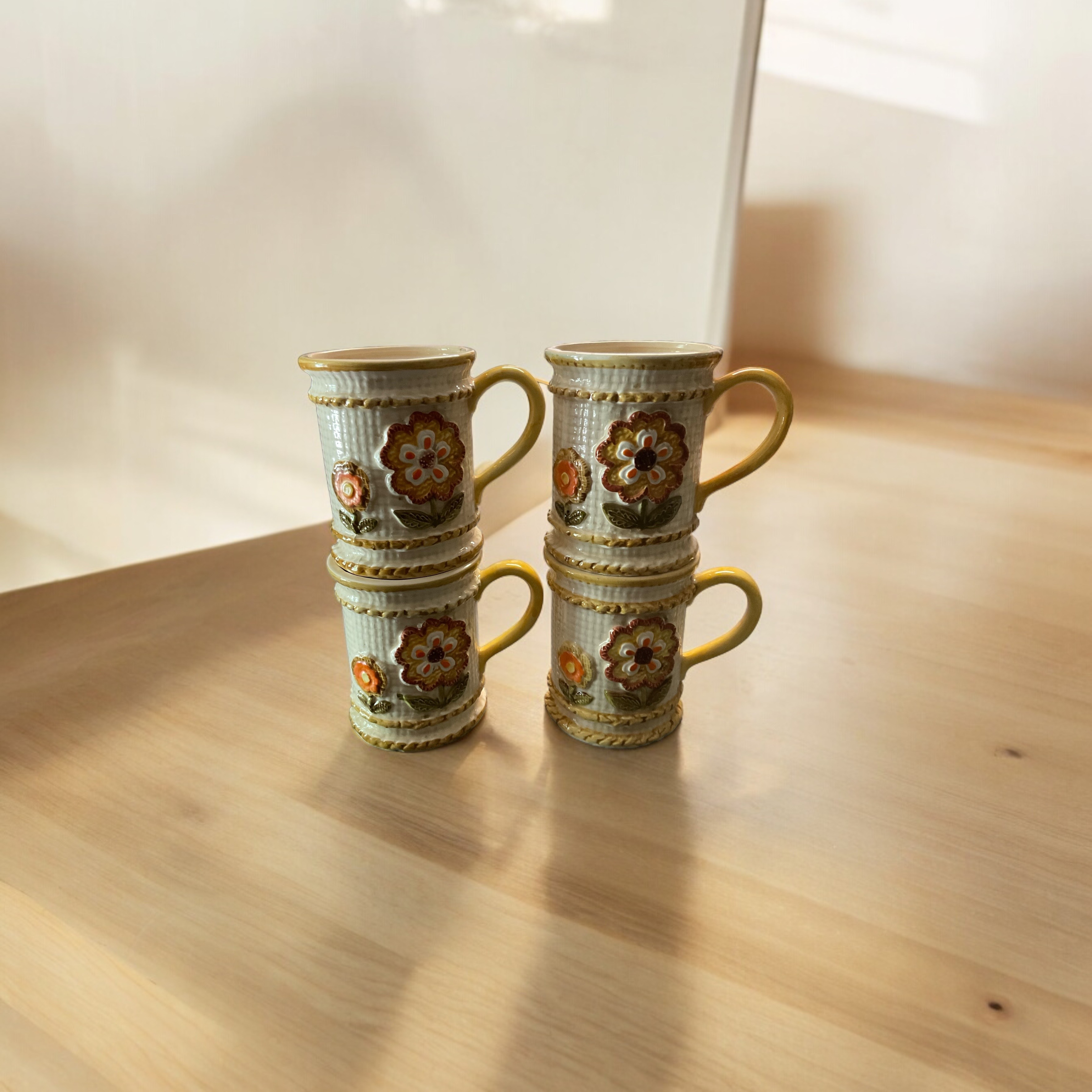 Vintage MCM Basket Weave Raised Flower Coffee Mugs. Set of 4