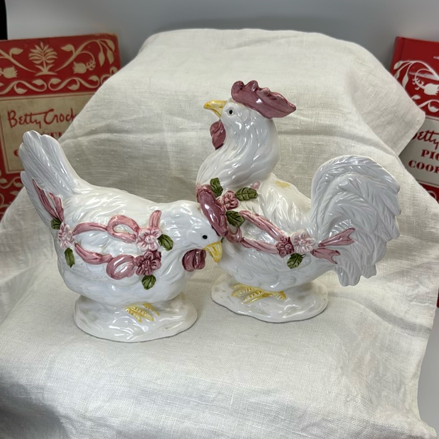 Sweet Pair - Ceramic Chicken & Rooster - Ribbons, Flowers - Spring!