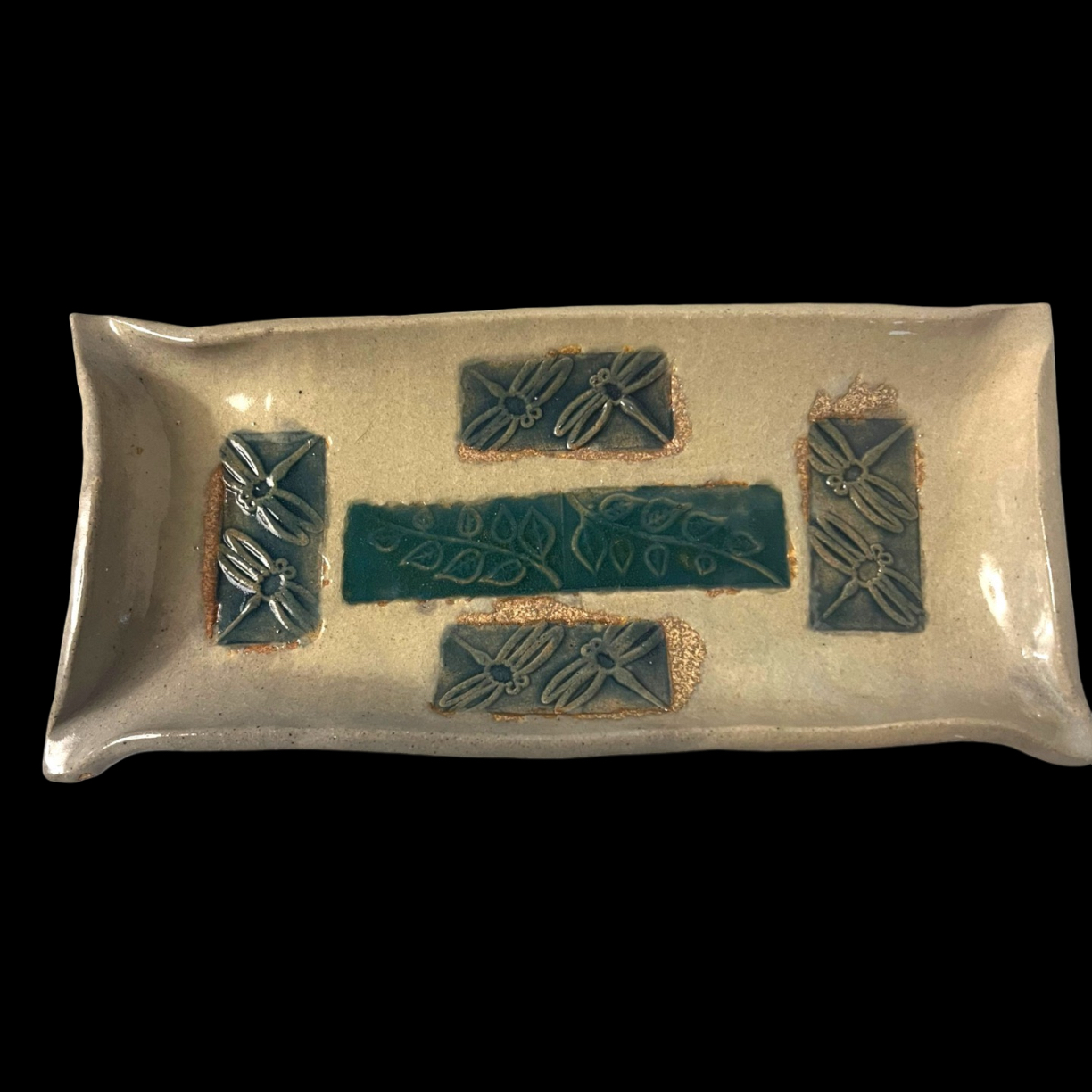 002. Studio Art Pottery Rectangular Trinket Dish Dragonflies