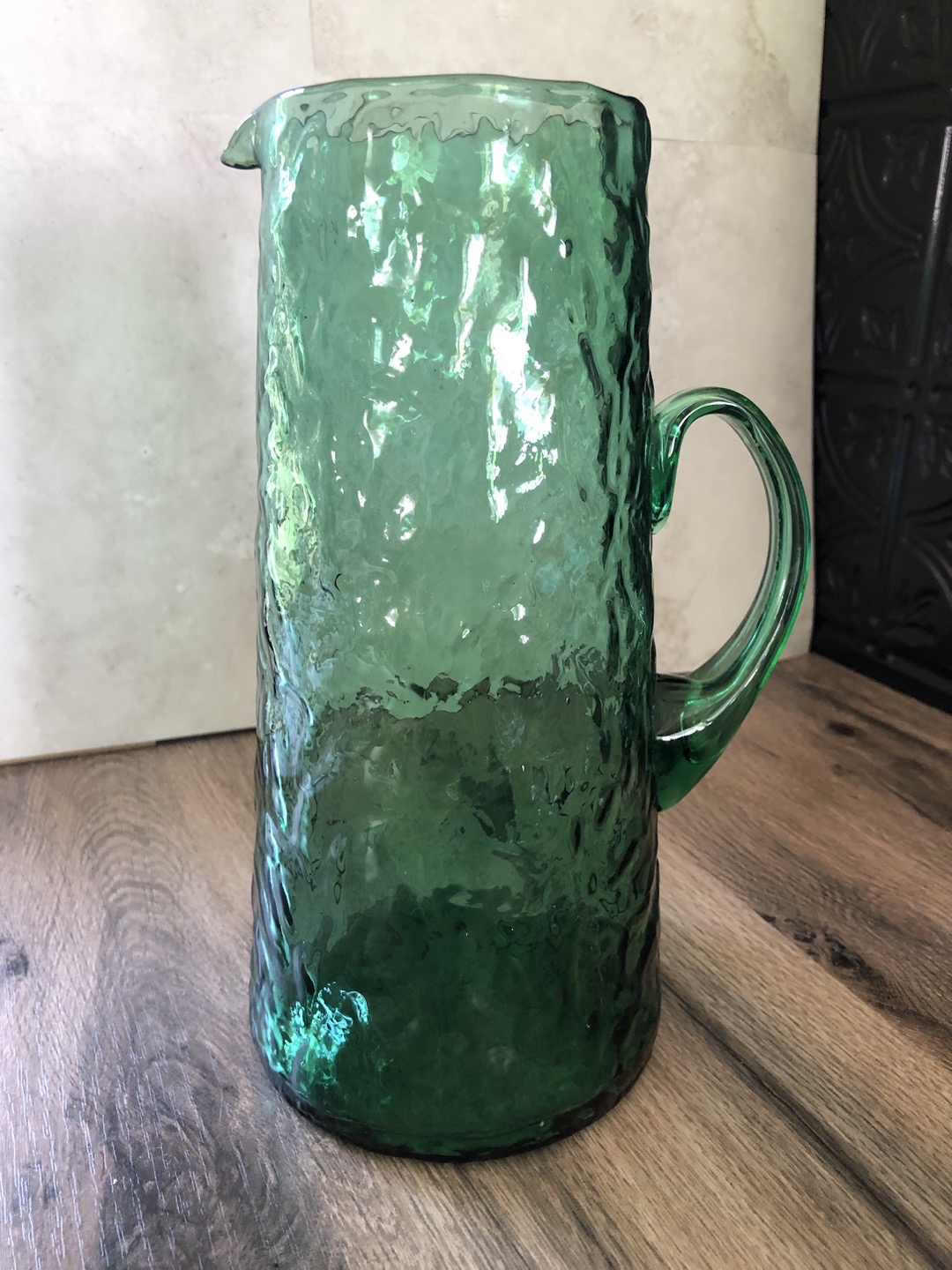 Vintage Pitcher MCM Green Textured Crinkle Glass Handcrafted Applied Handle