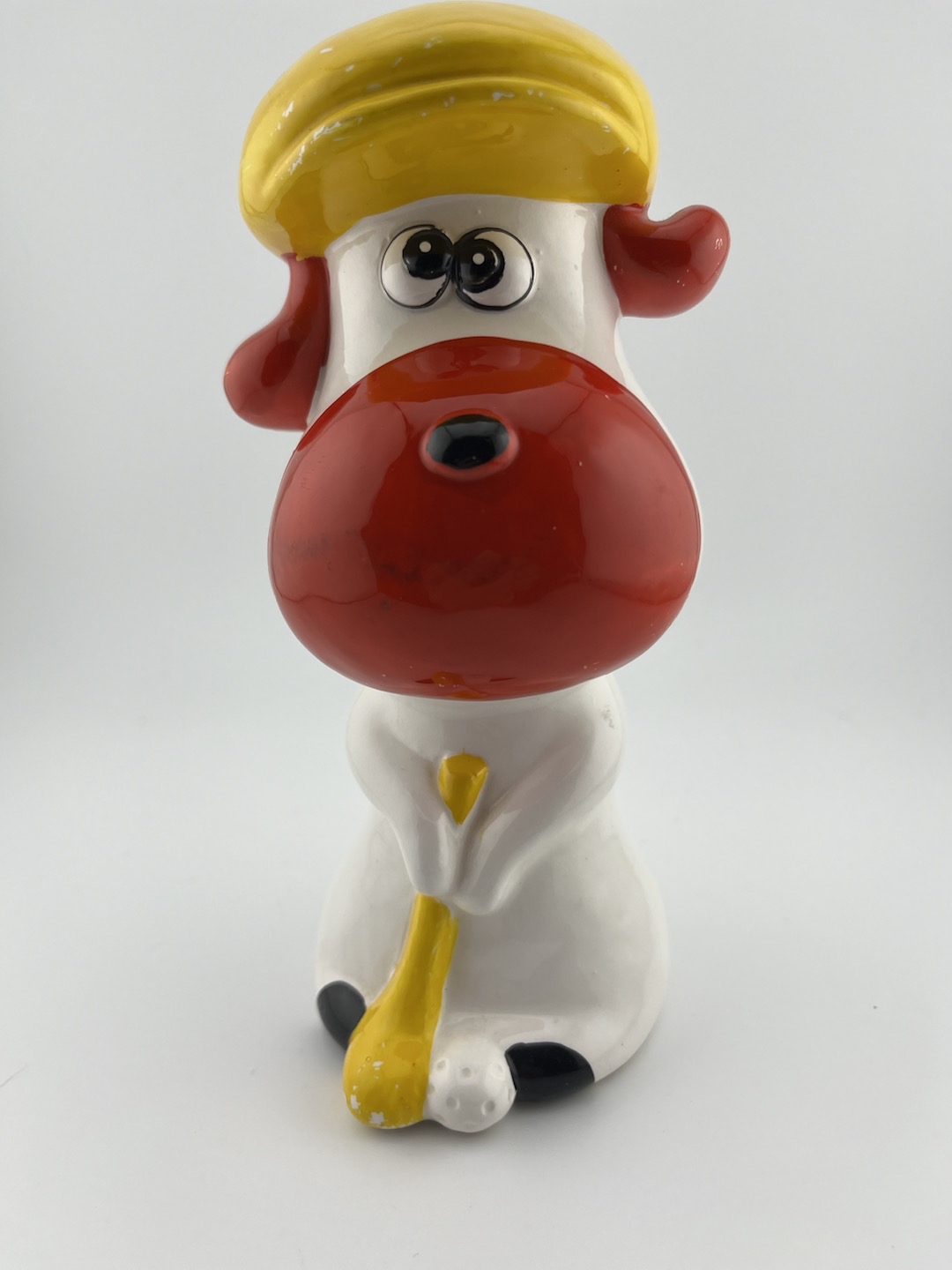 Derpy Dog w/ yellow cap and golf club. HUGE Red "Mug" (Muzzle). Red Ears!!