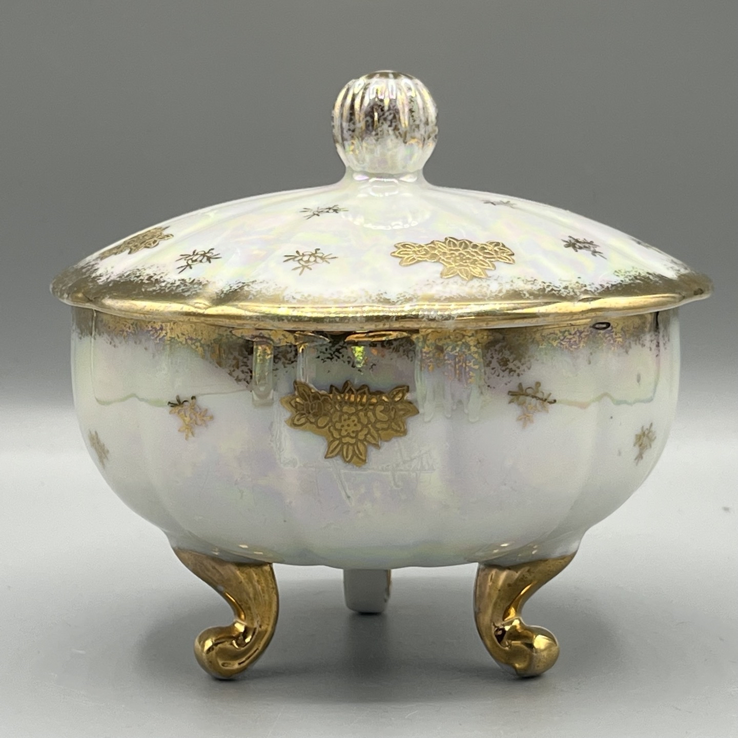 Lusterware Footed Lidded Candy Jar With Gold Accents