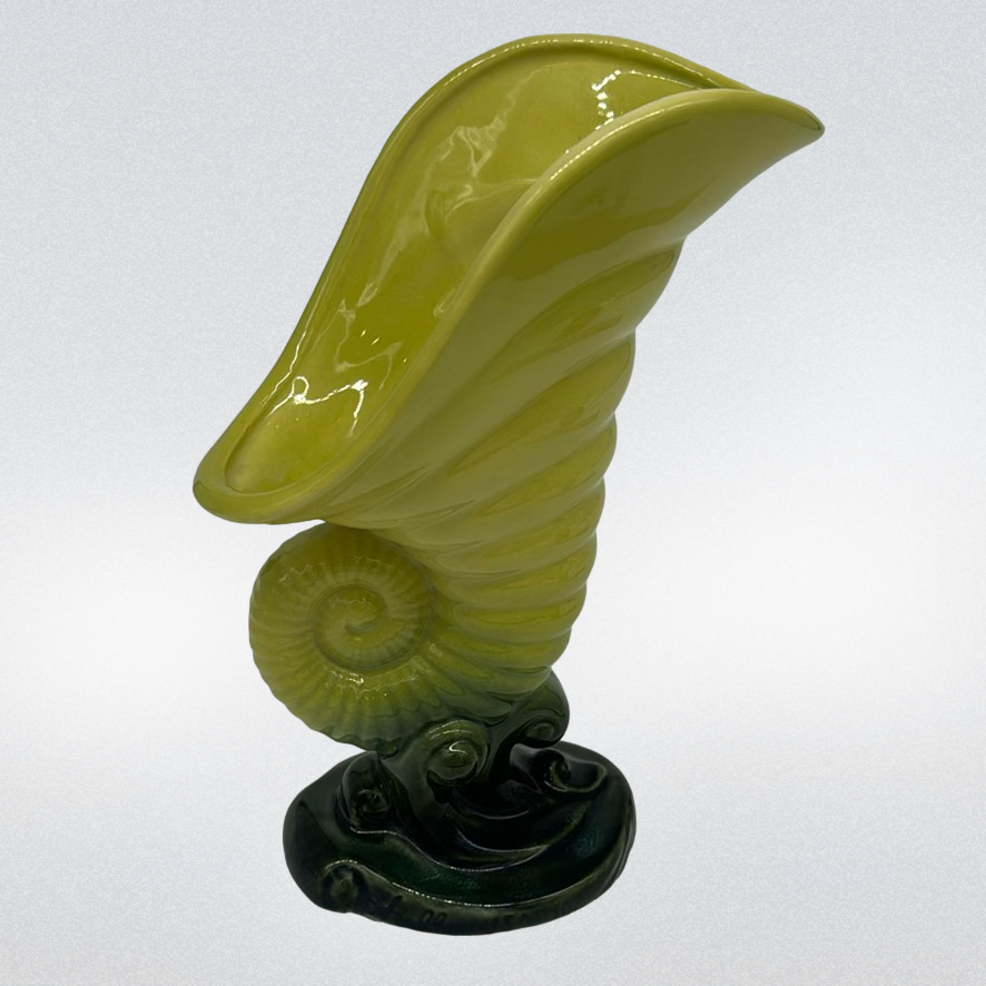 Cornucopia- Vintage Hull Pottery Spiral Green Shell On Blue Waves