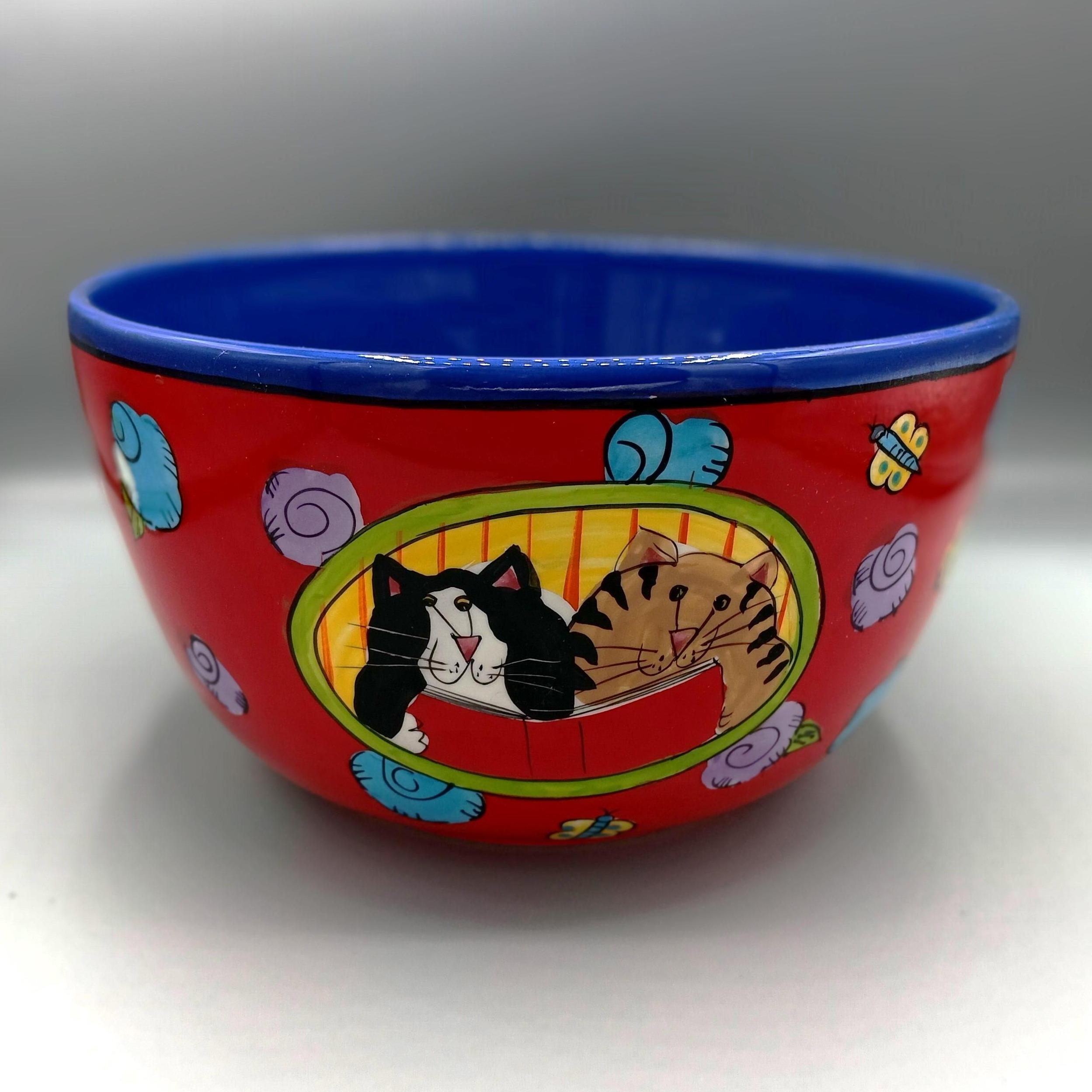 Vintage Catzilla Cats Reading Serving Bowl, Candace Reiter 1995