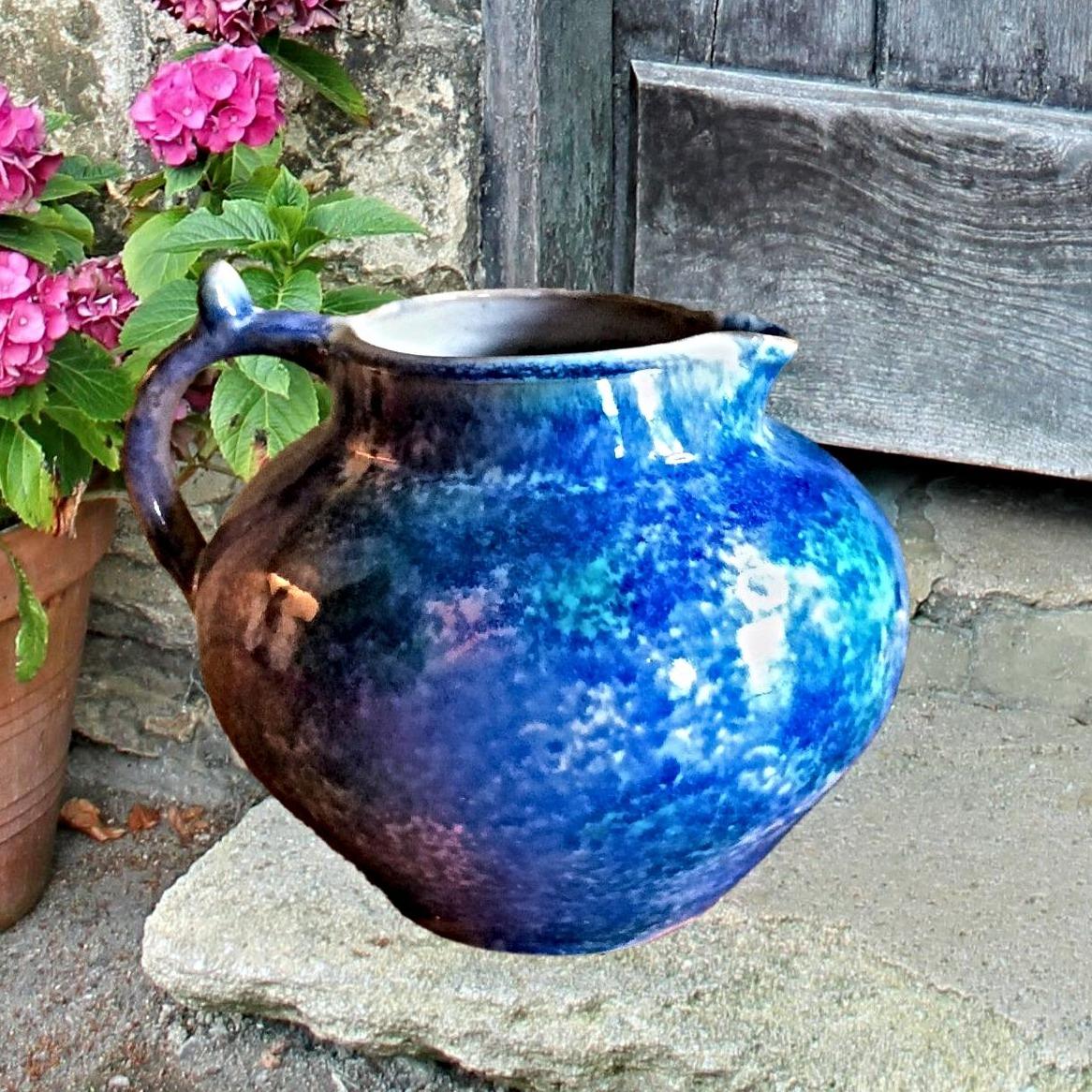 Christian Ridge Pottery Blue Sponge Pitcher, Maine Handled Pitcher ...