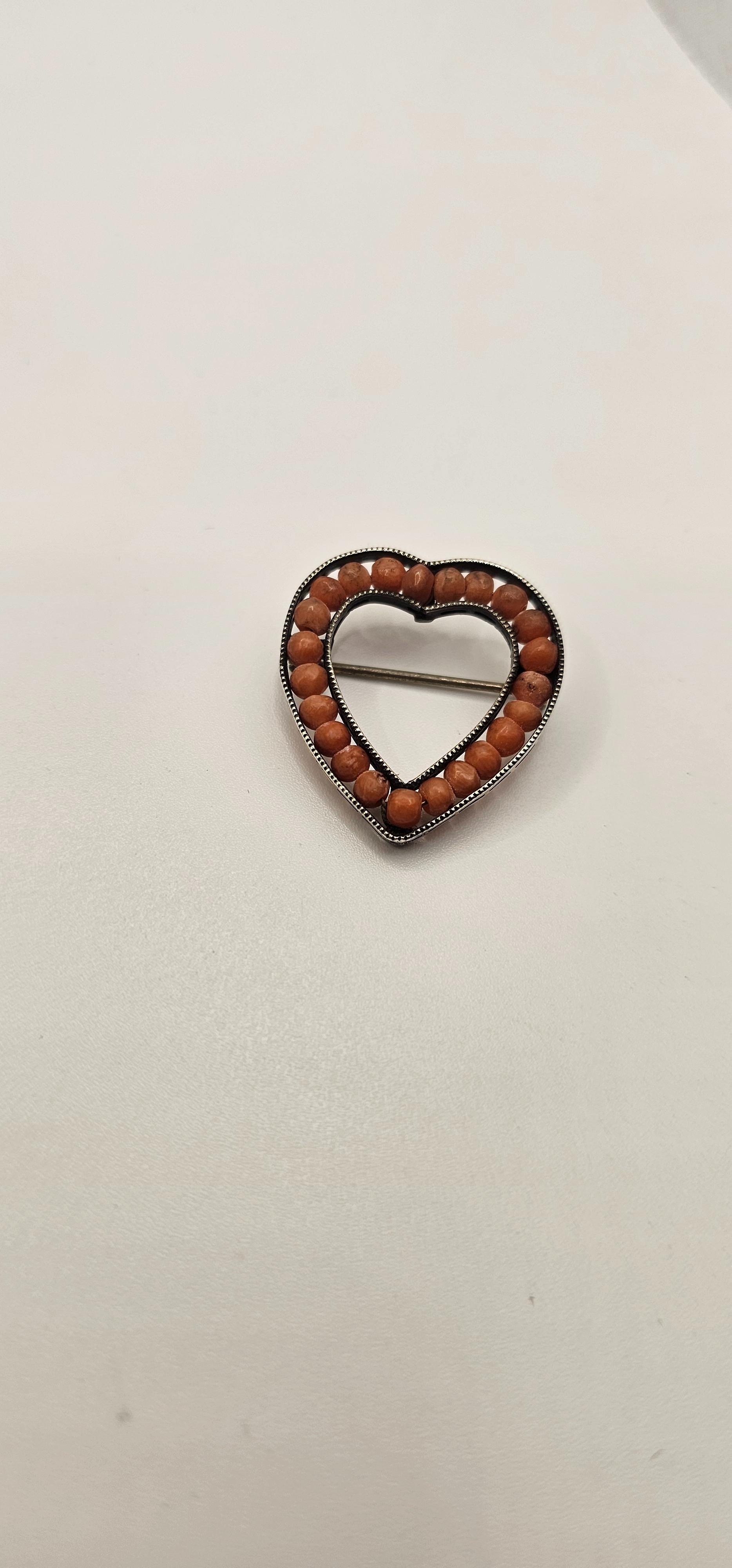 Antique Coral And Sterling Silver Heart Pin