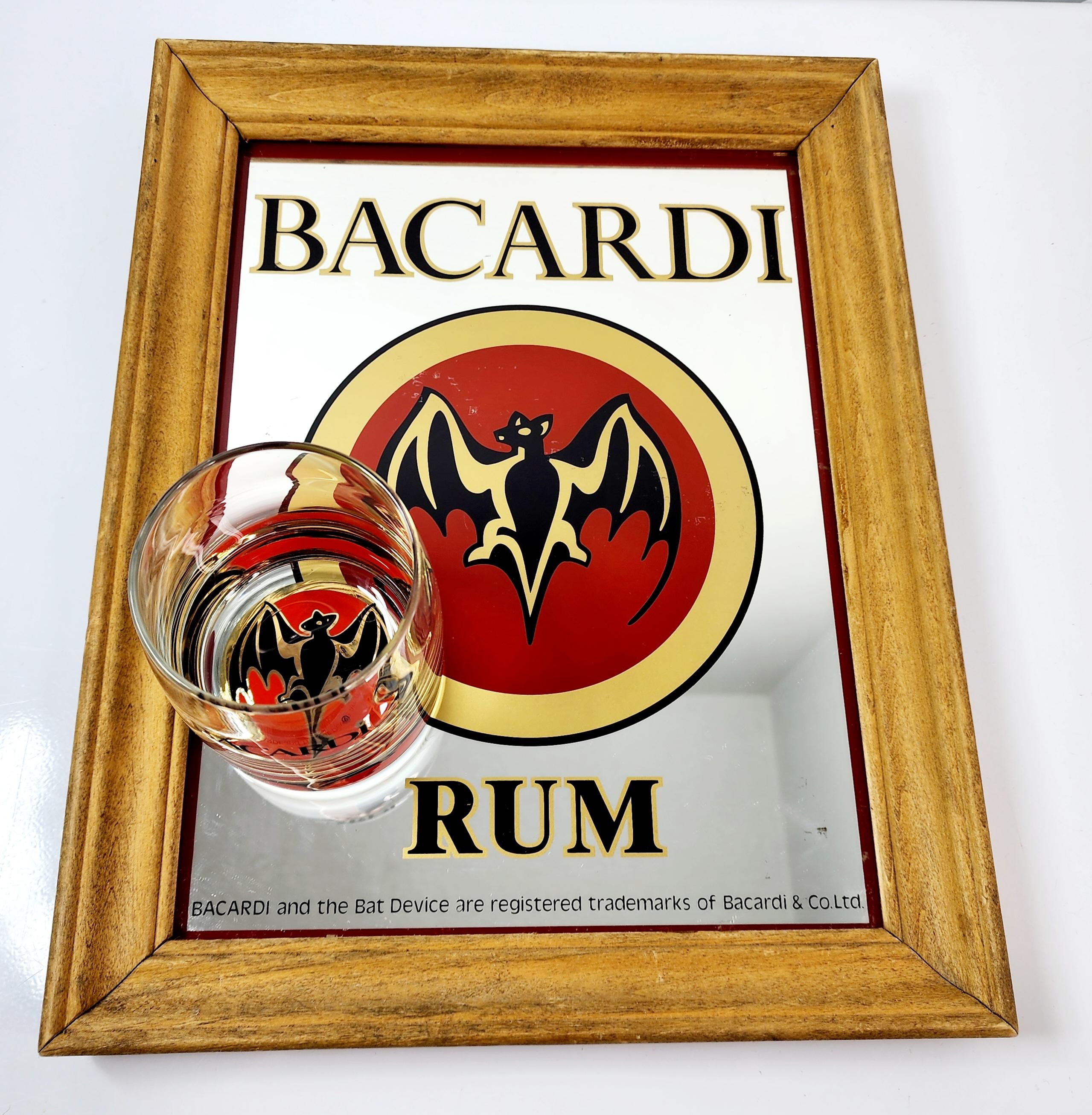 Rare Vintage Baccardi Rum The Bat Painted Mirror Wall Decor & Lowball Glass