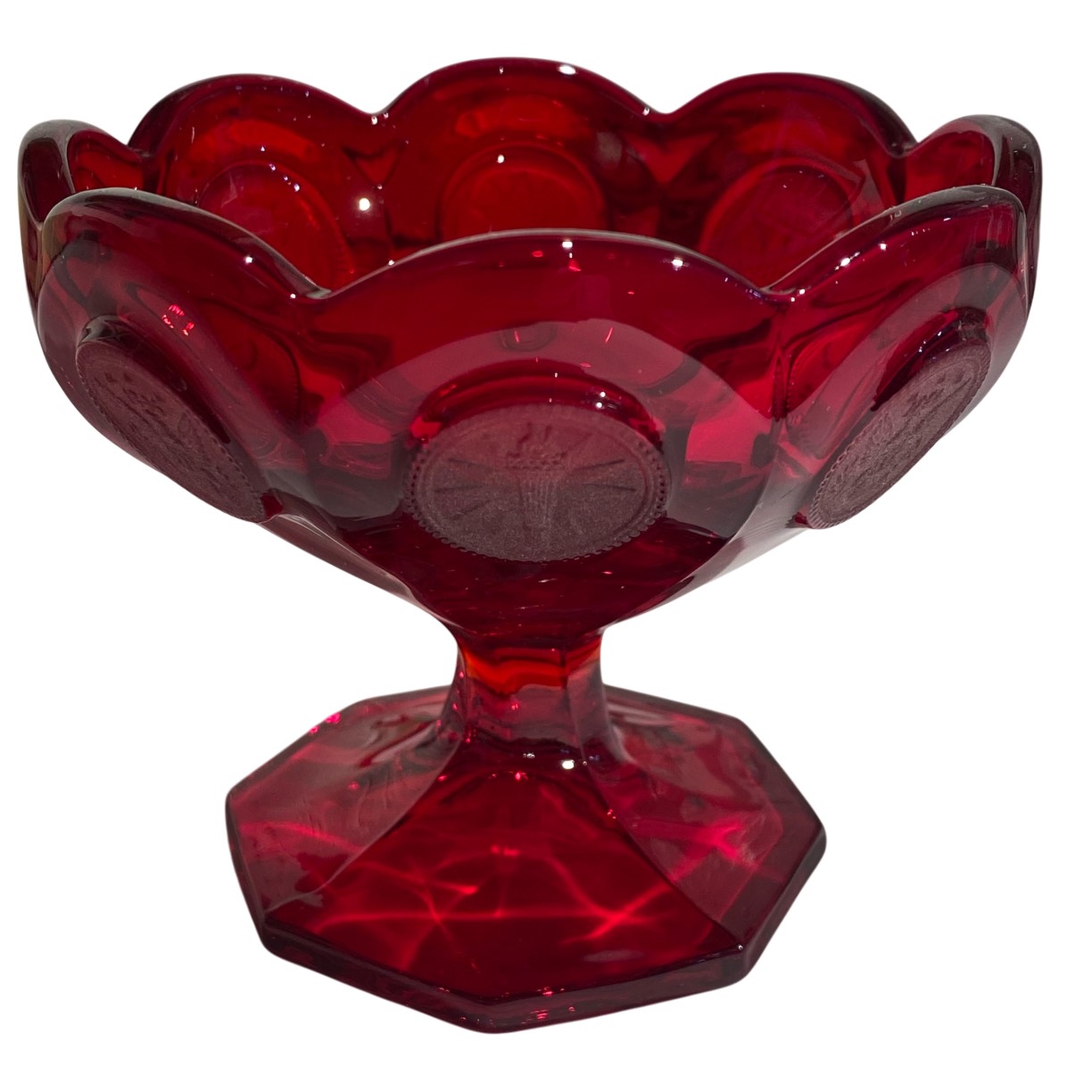 Vintage Fostoria Ruby Red Coin Octagon Base Candy Dish