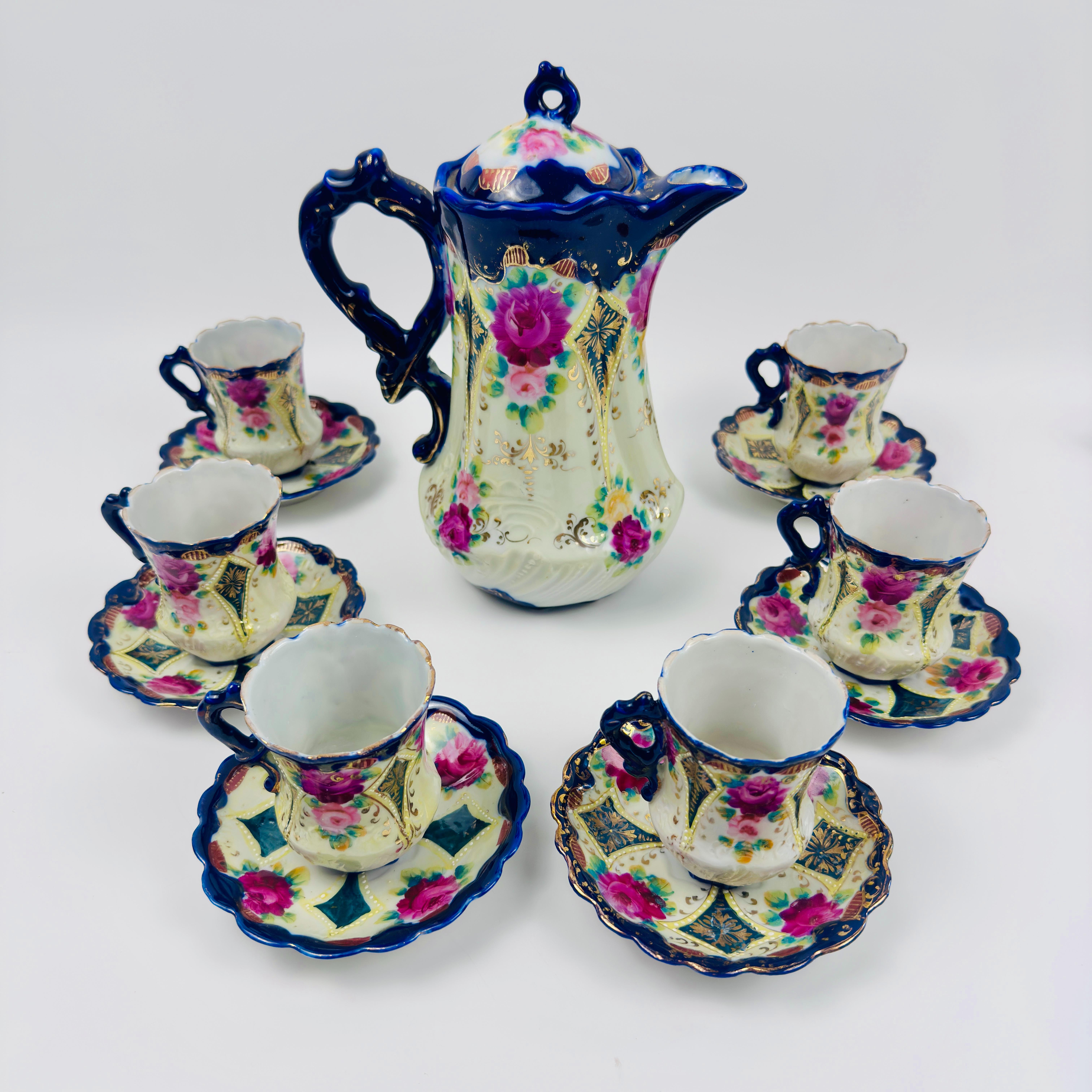 Antique Porcelain Chocolate Pot Set 6 Cups and Saucers Hand Painted China