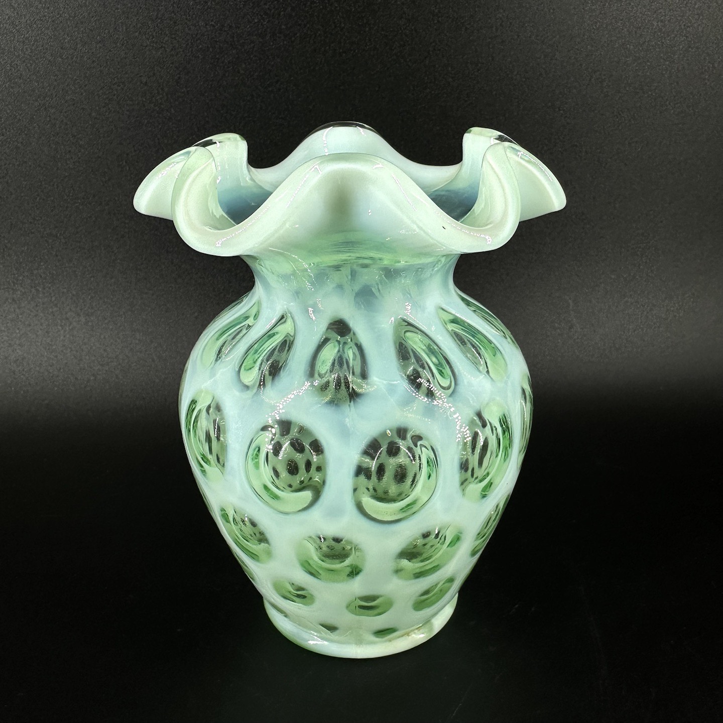 20. Fenton Light Green Opalescent Coin Dot Ruffled Vase (FS)