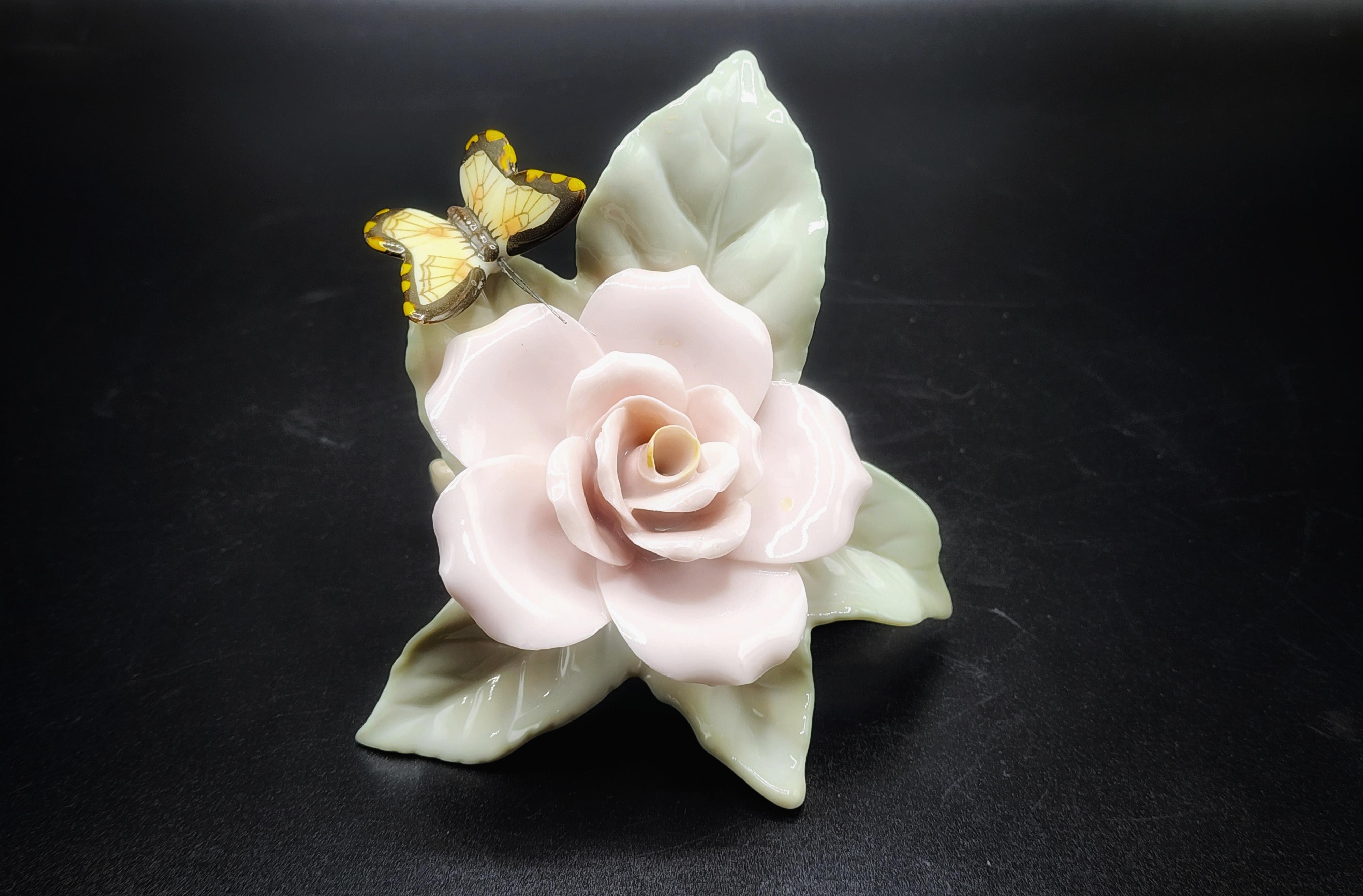 Fine Porcelain Rose Flower & Butterfly Sculpture Figurine Handpainted 4"