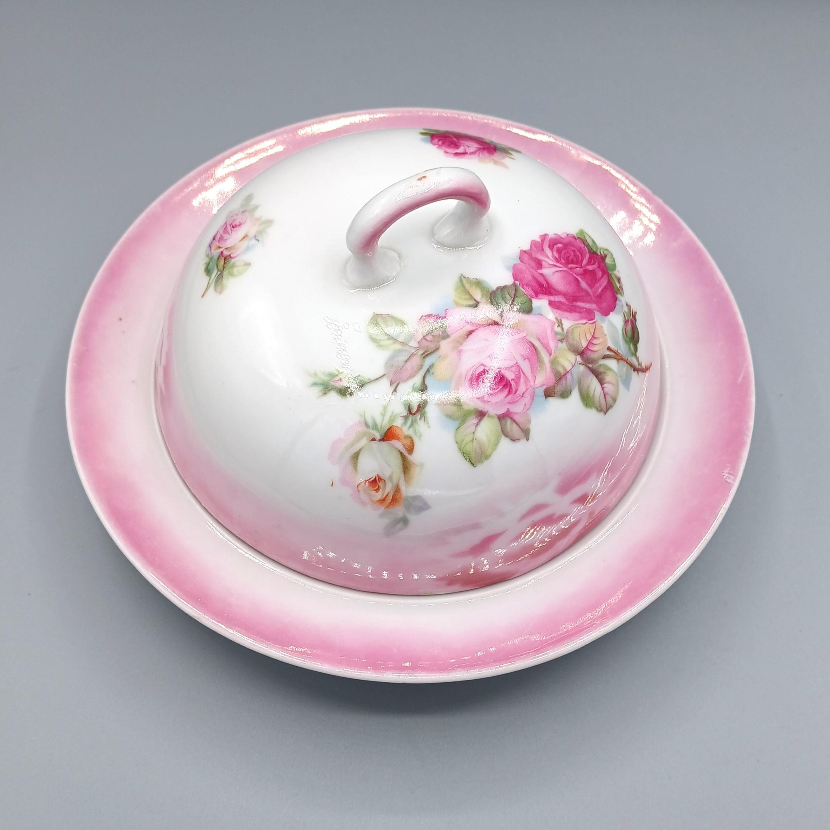 #012 - Antique OG Otto Grunert Porcelain Butter Dish Pink Roses Shabby ...