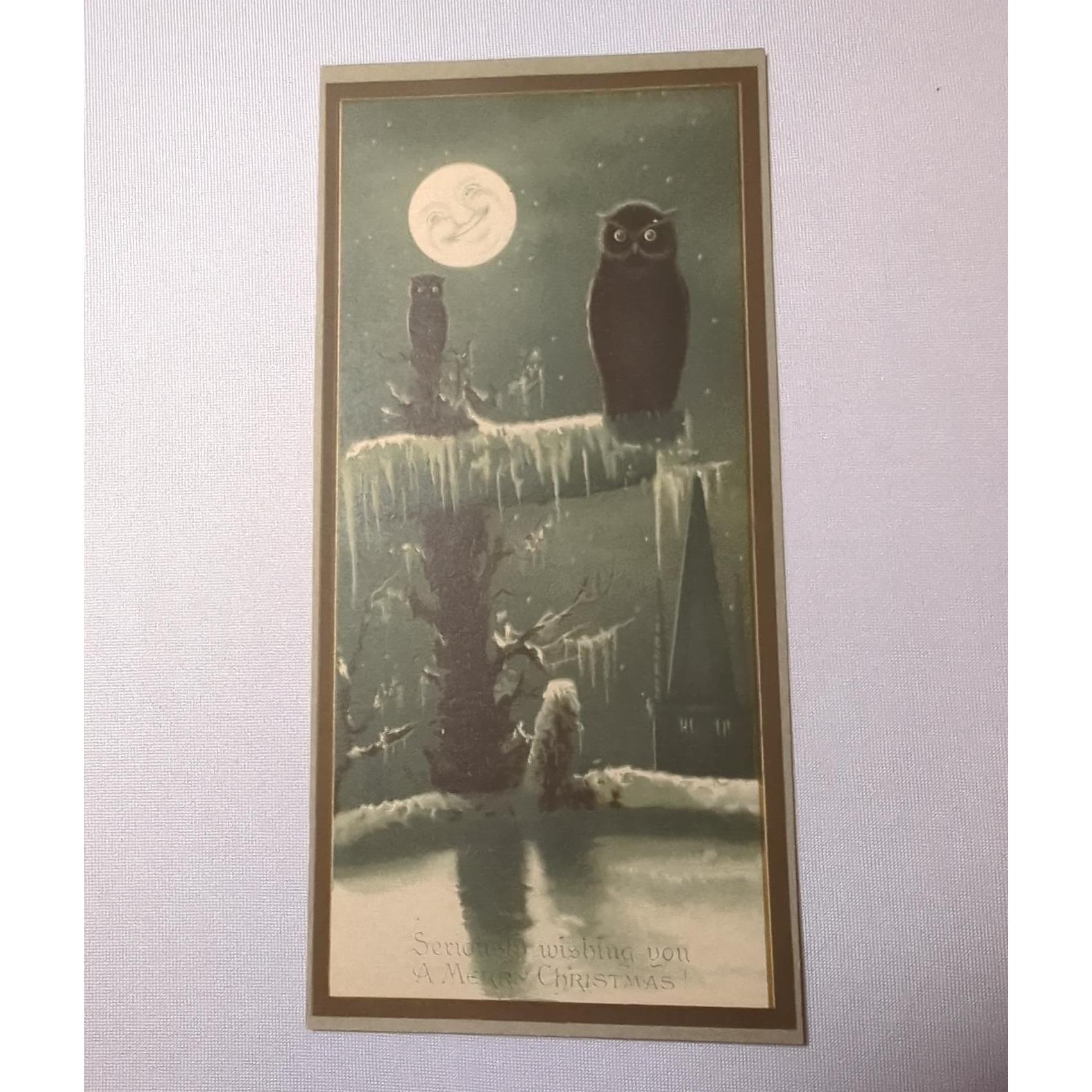 1881 Victorian Owl Christmas Card with Moonlit Scene, Louis Prang
