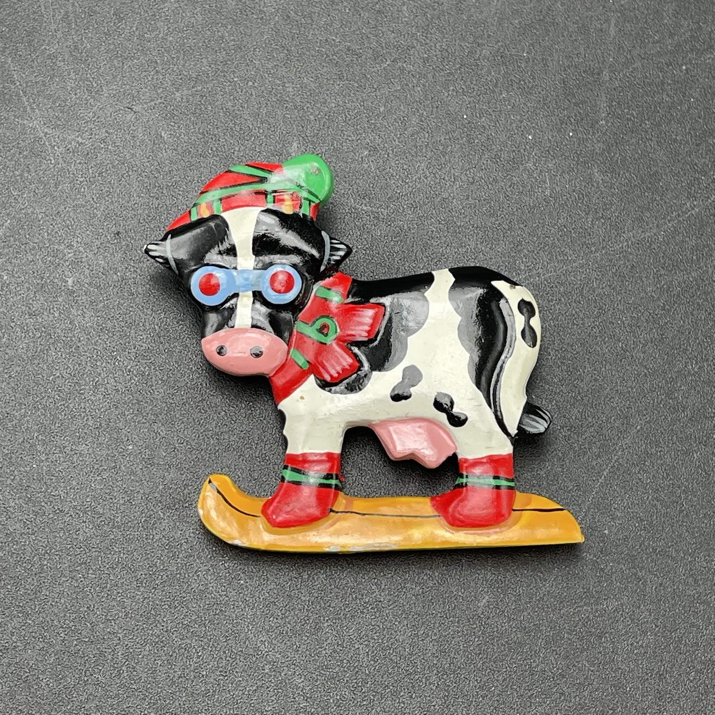 Sledding Cow Lacquered Wooden Brooch Pin Whimsical Jewelry Christmas ...