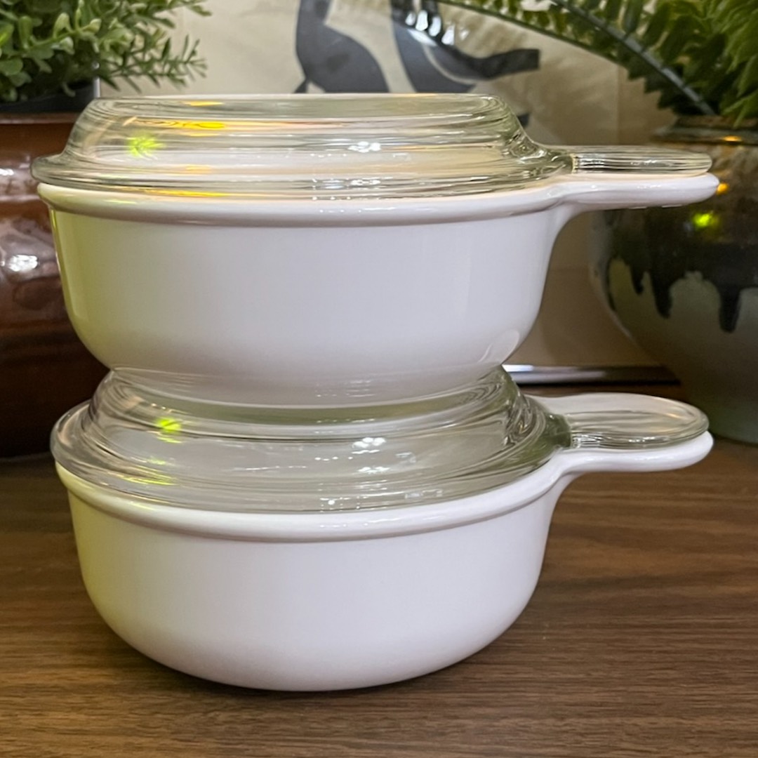 Pair of Vintage Corning Ware White Grab-It Bowls P-150-B w/ Pyrex Glass ...