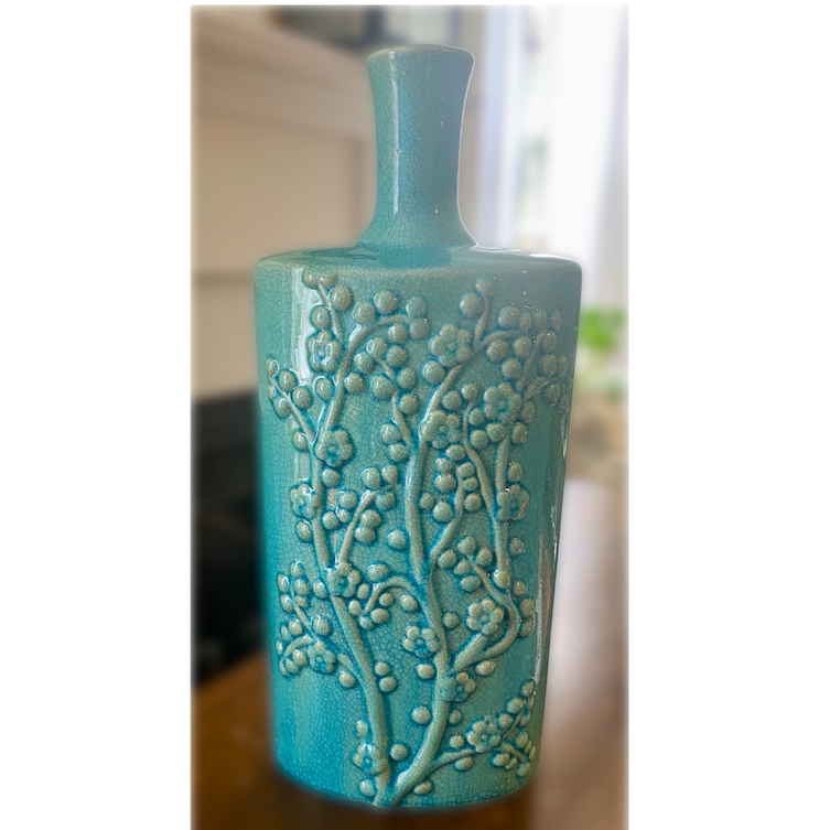 291. Large Detailed Cerulean Blue Ceramic Bottle Vase 15” Tall