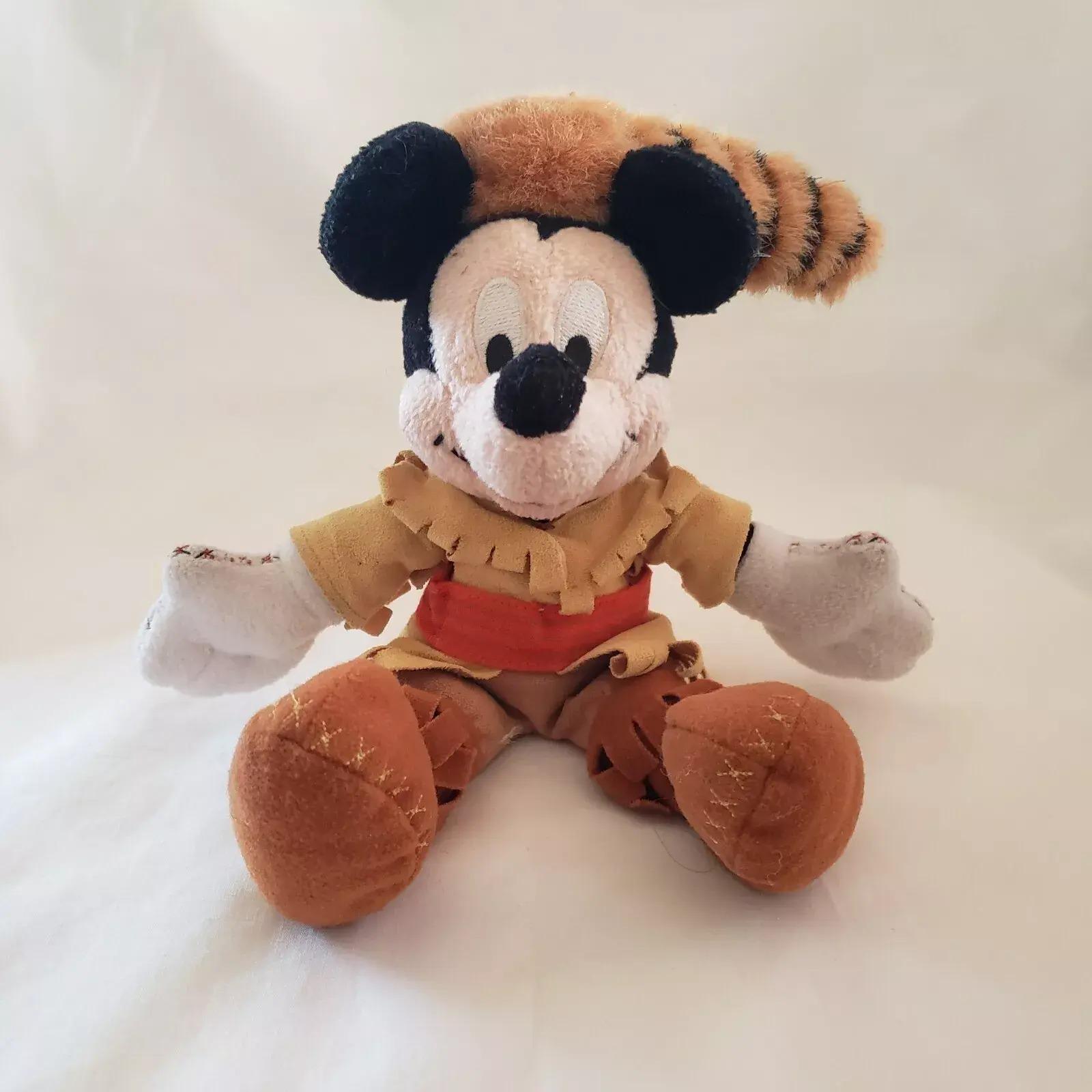 Mickey Mouse Plush with Animal Skin Hat Disney World Frontier 11” Tall
