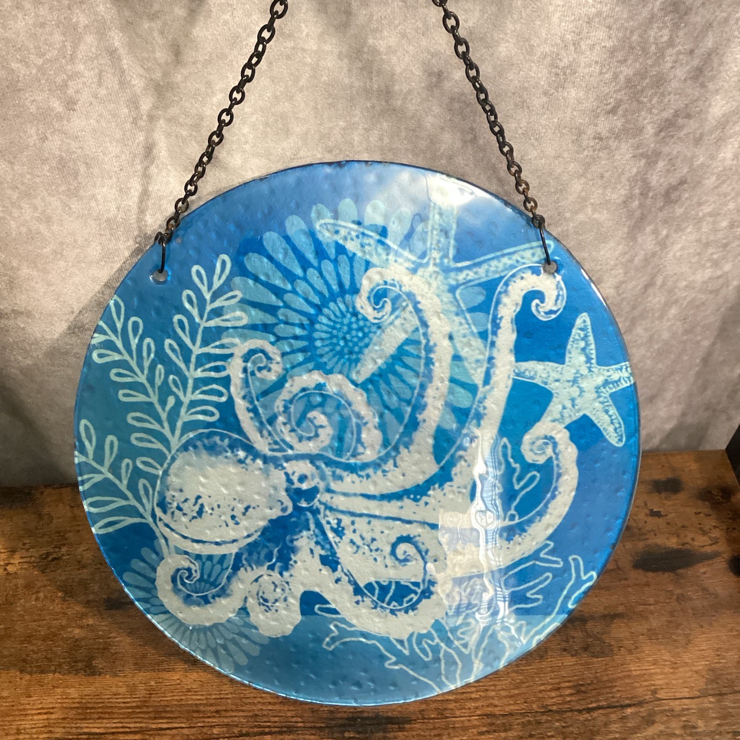 White on Blue Glass Octopus Starfish Hanging Suncatcher Large Nautical ...