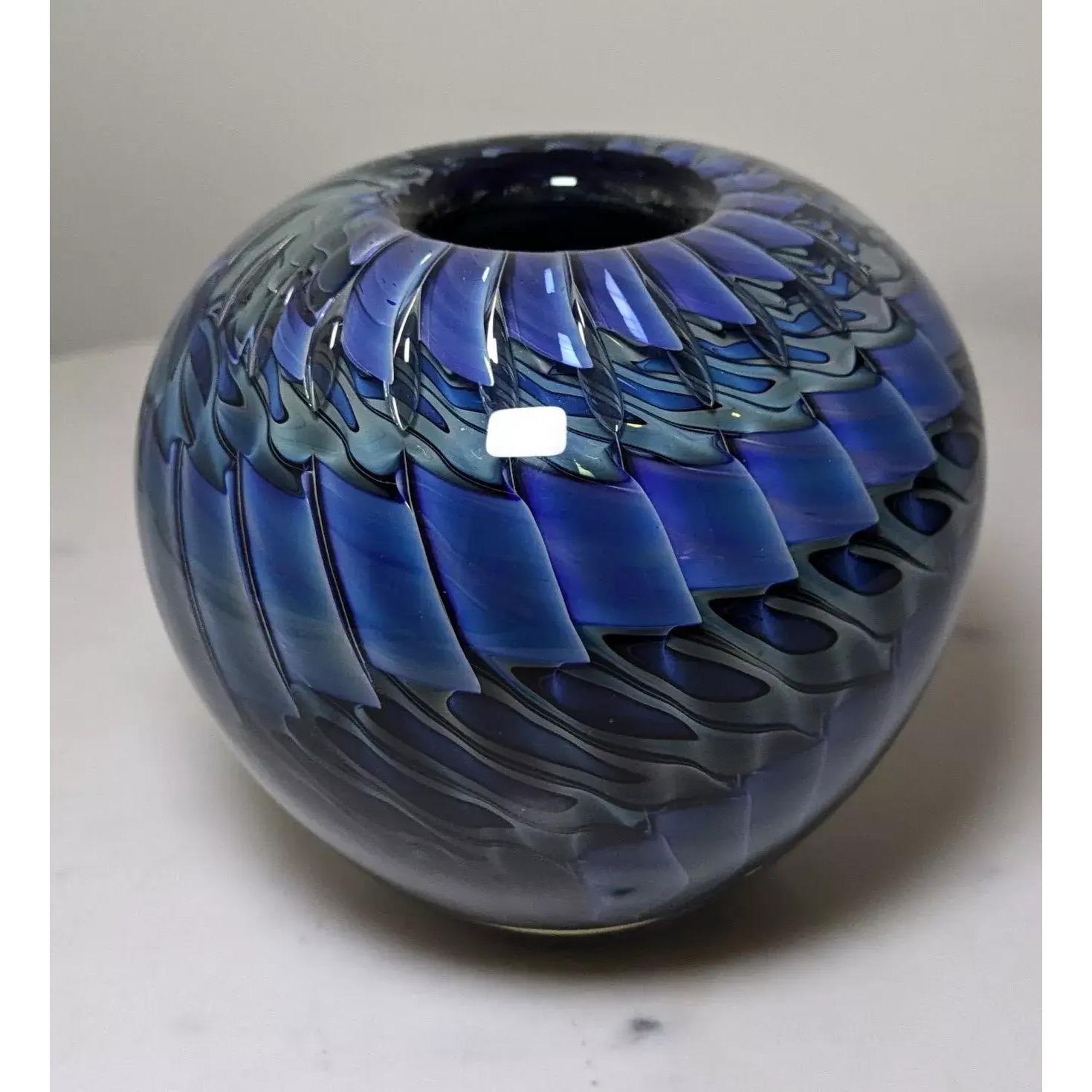 1991 TIM LAZER SIGNED art glass blue optic paperweight vase