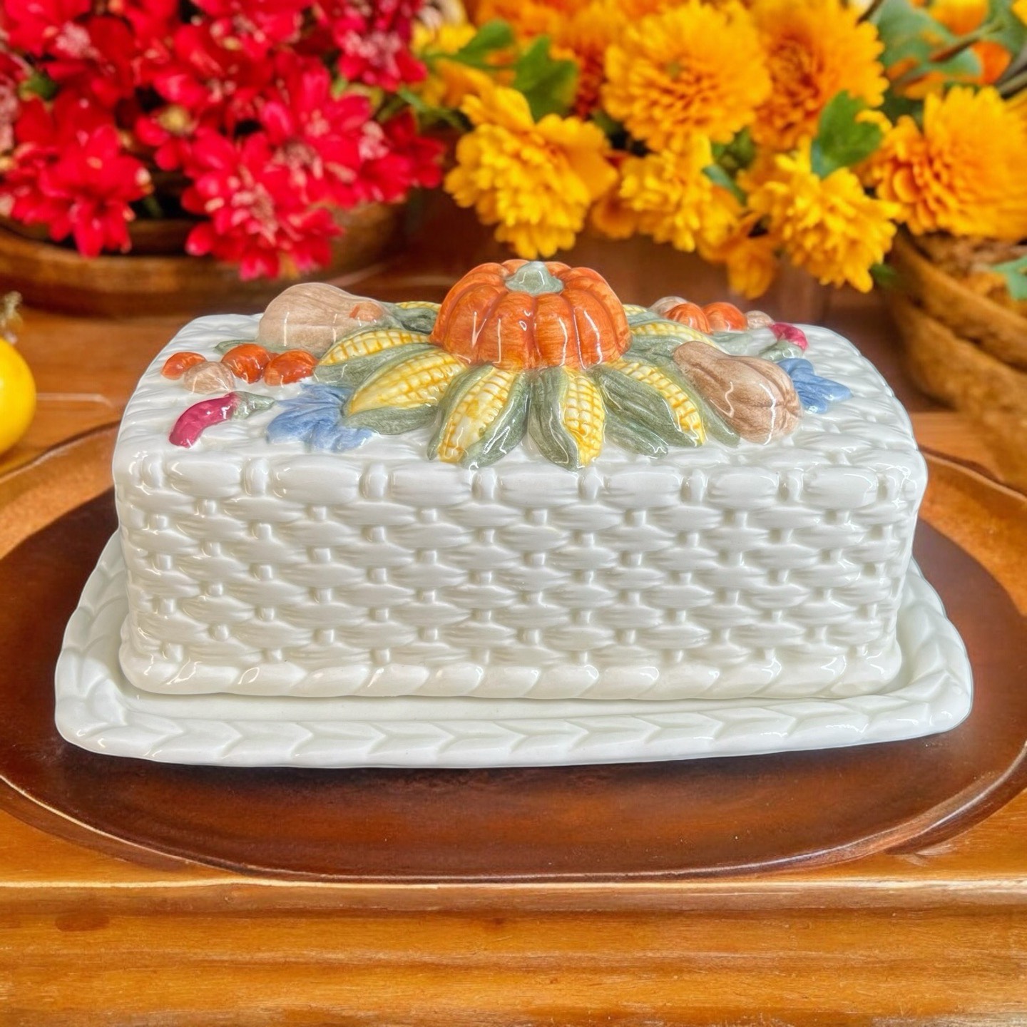 Vtg Covered Butter Dish 3D Vegetable Harvest Farm Country Basket Weave ...