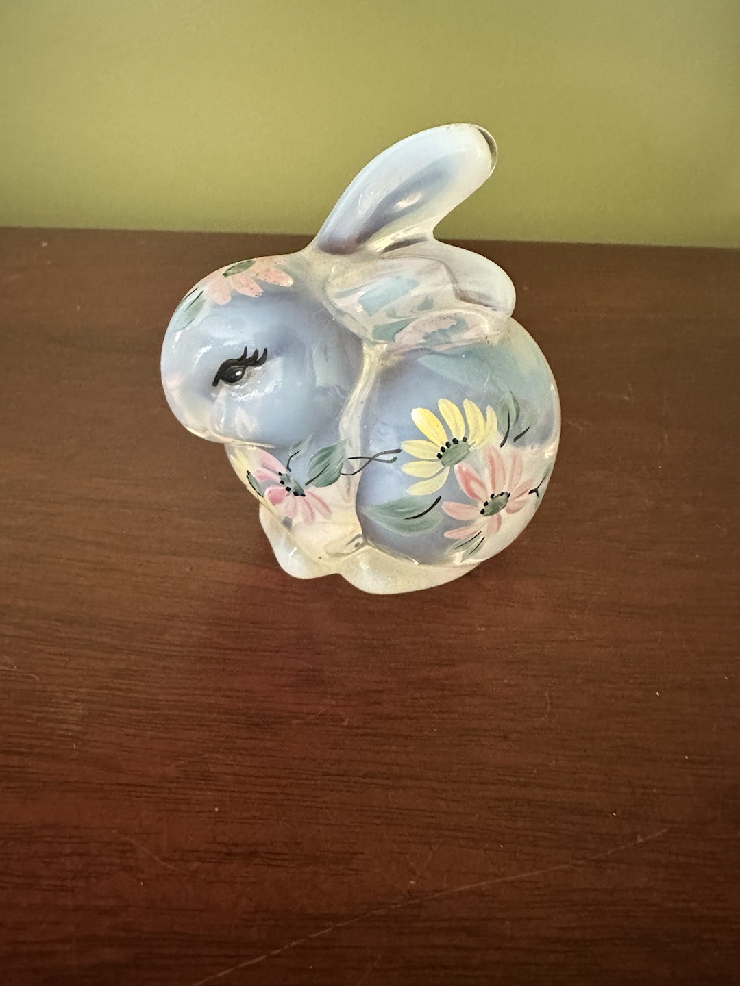 Fenton Bunny White Opal Iridescent Rabbit Hand Painted Jane Reynolds Floral