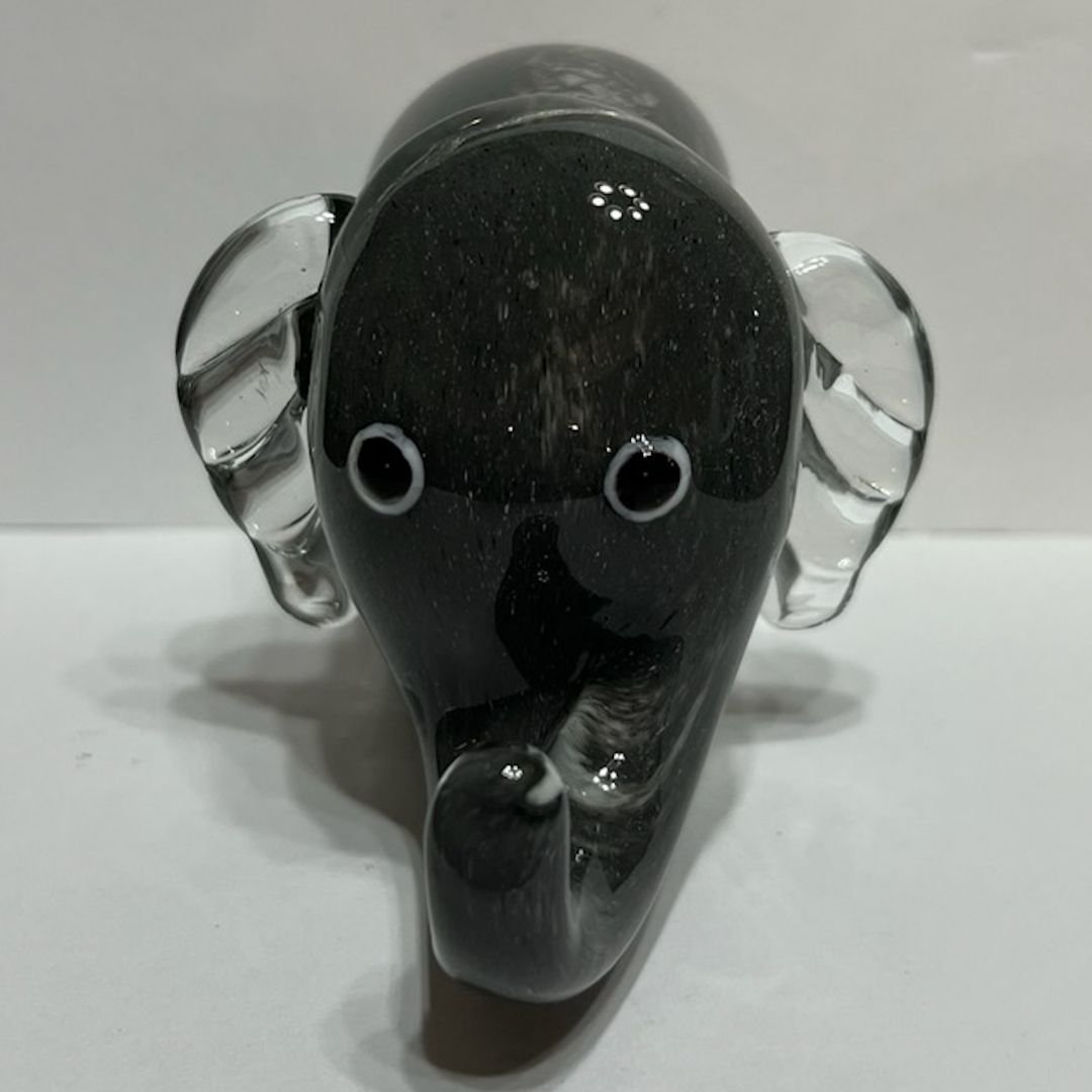 Derpy Art Glass Gray Elephant Figurine Paperweight, Trunk Up, 3” x 5” x 3”