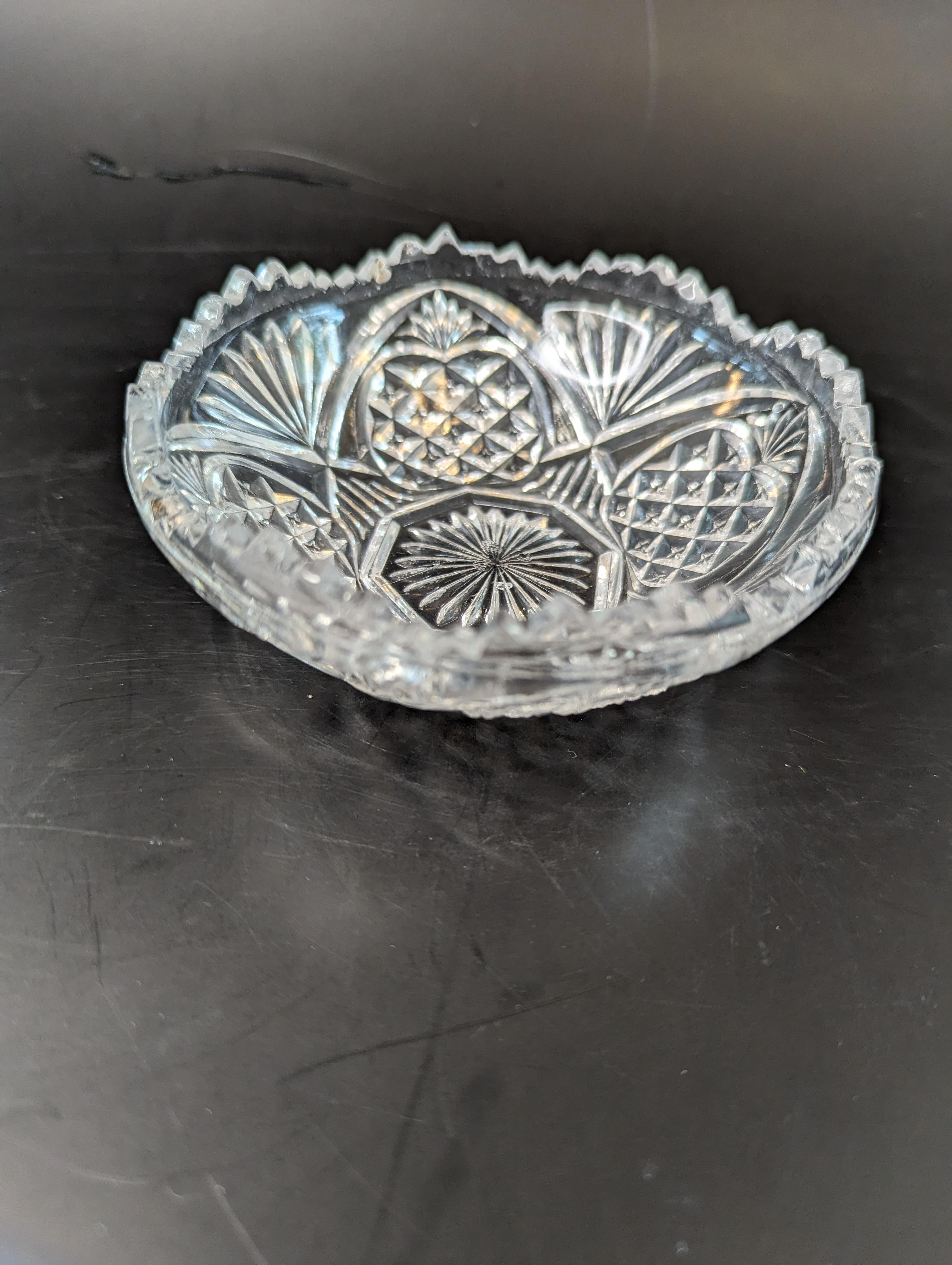 Vintage Cut Glass Trinket Dish, Intricate Pattern, 4.5" Wide