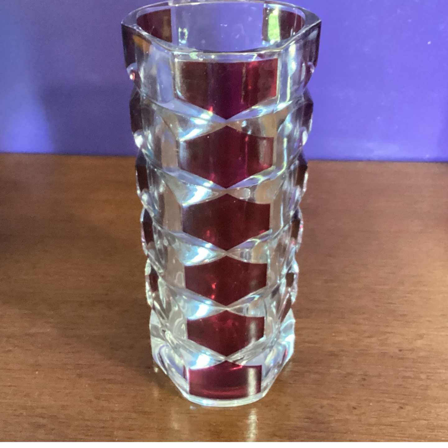 Clear With Ruby Red Triangular Vase Made In France