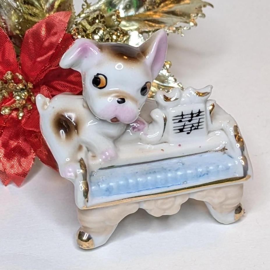 Vintage Japan Porcelain Frenchie Puppy On Piano Figurine Gold Detail Mint