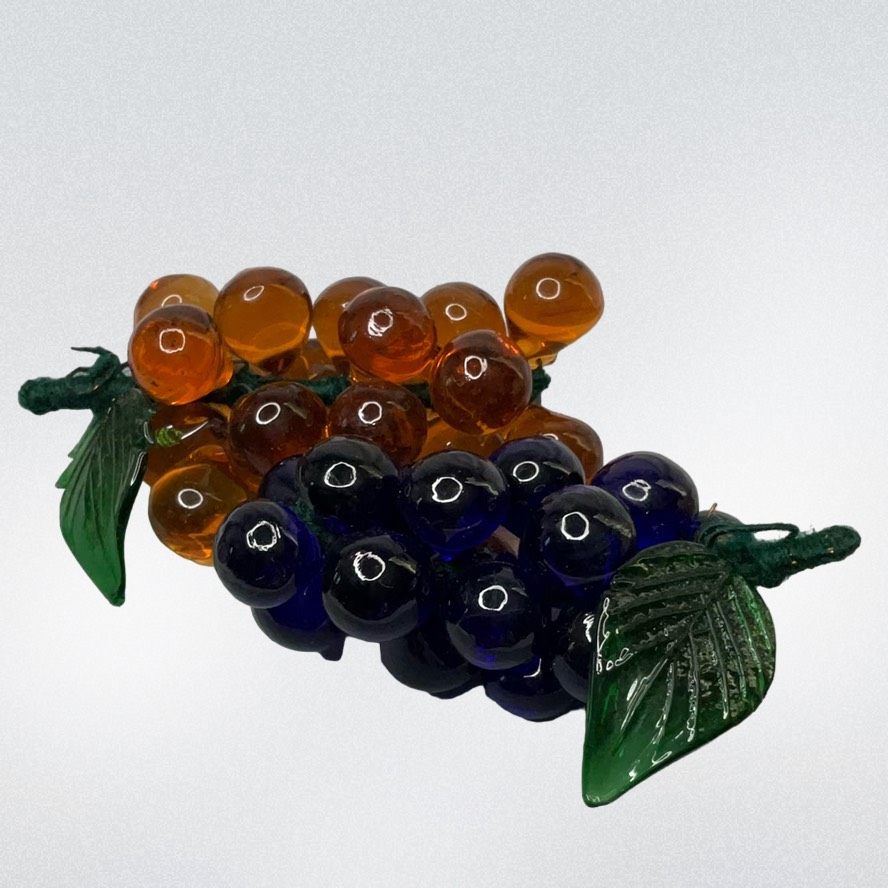 Vintage Glass Grape Cluster Figurine with Amber and Cobalt Blue Grapes