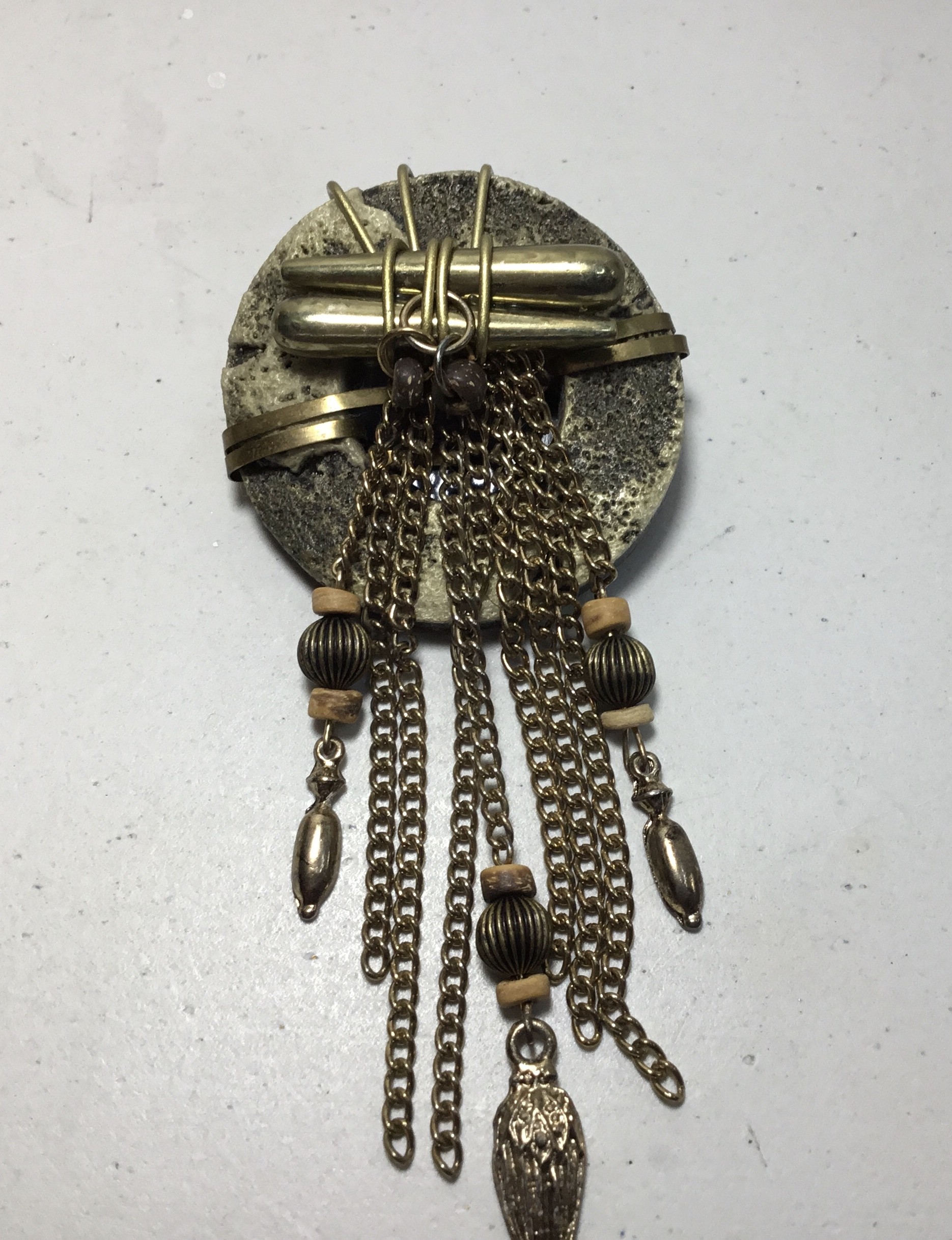 Tribal/brutalist brooch, faux stone, brass, ceramic, cos play