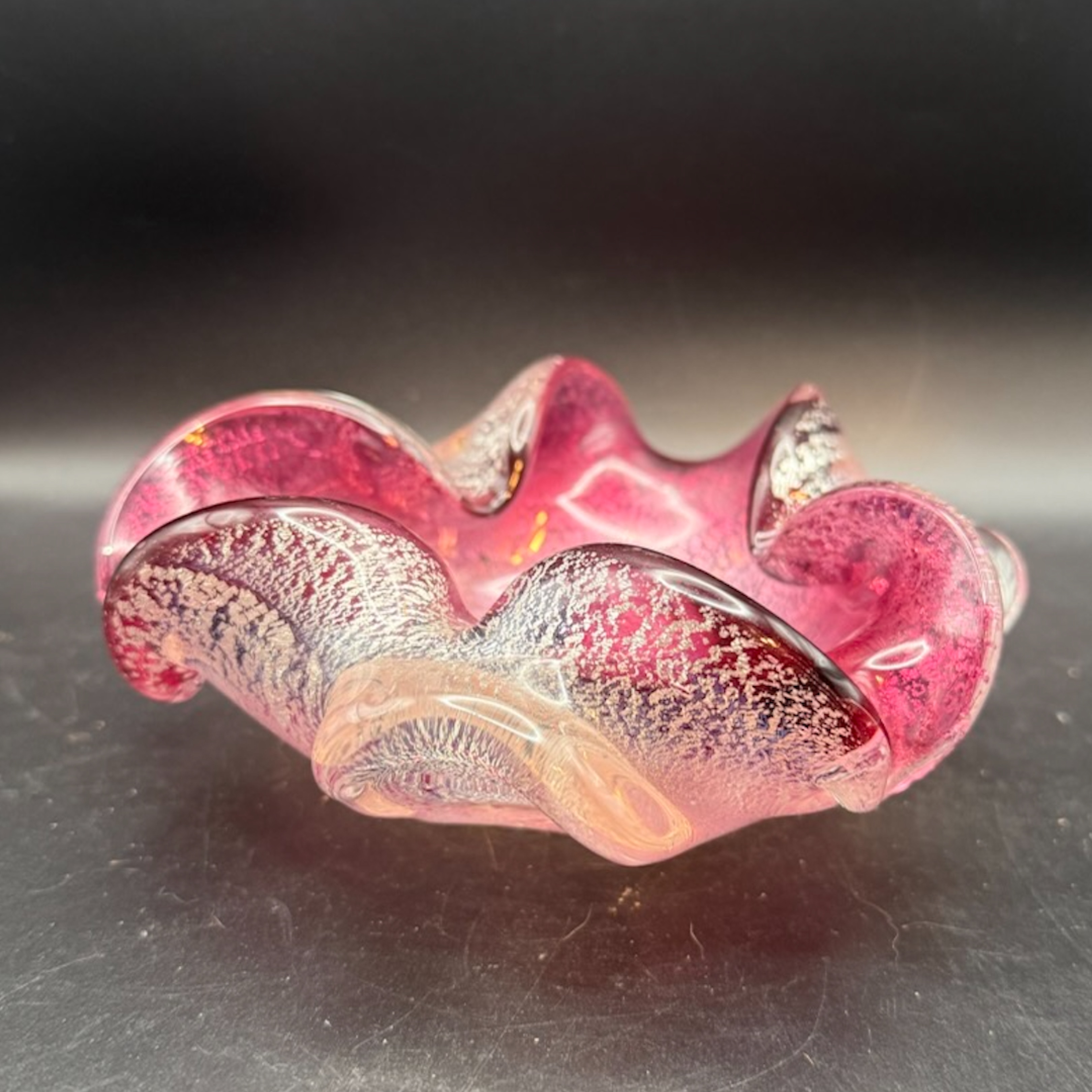 Murano Free-Form Art Glass Dish With Pink, Gold Flecks, And Bullicante.