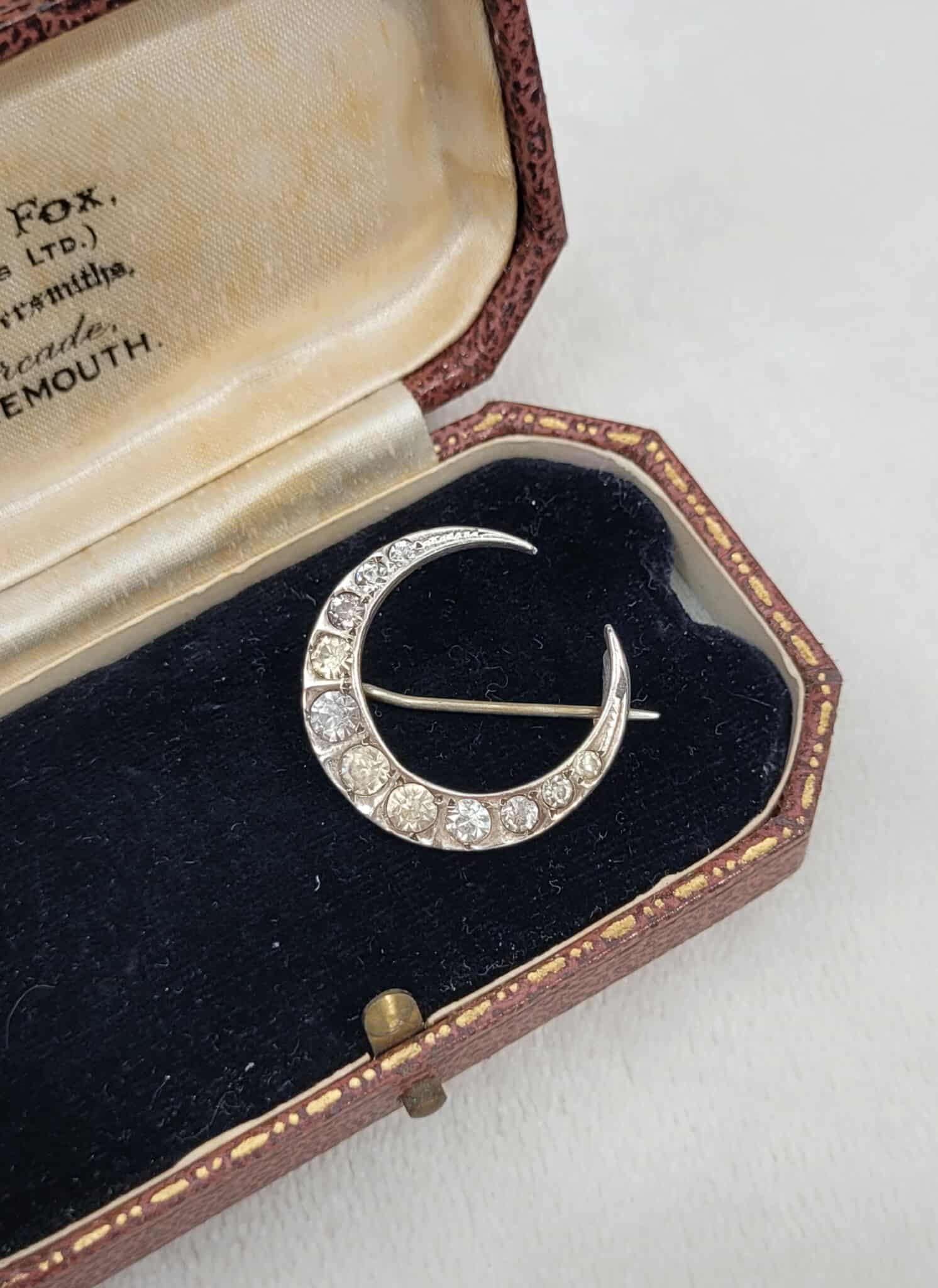 Antique French Victorian Paste 900 Silver Crescent Moon Brooch Pin - 4.3g