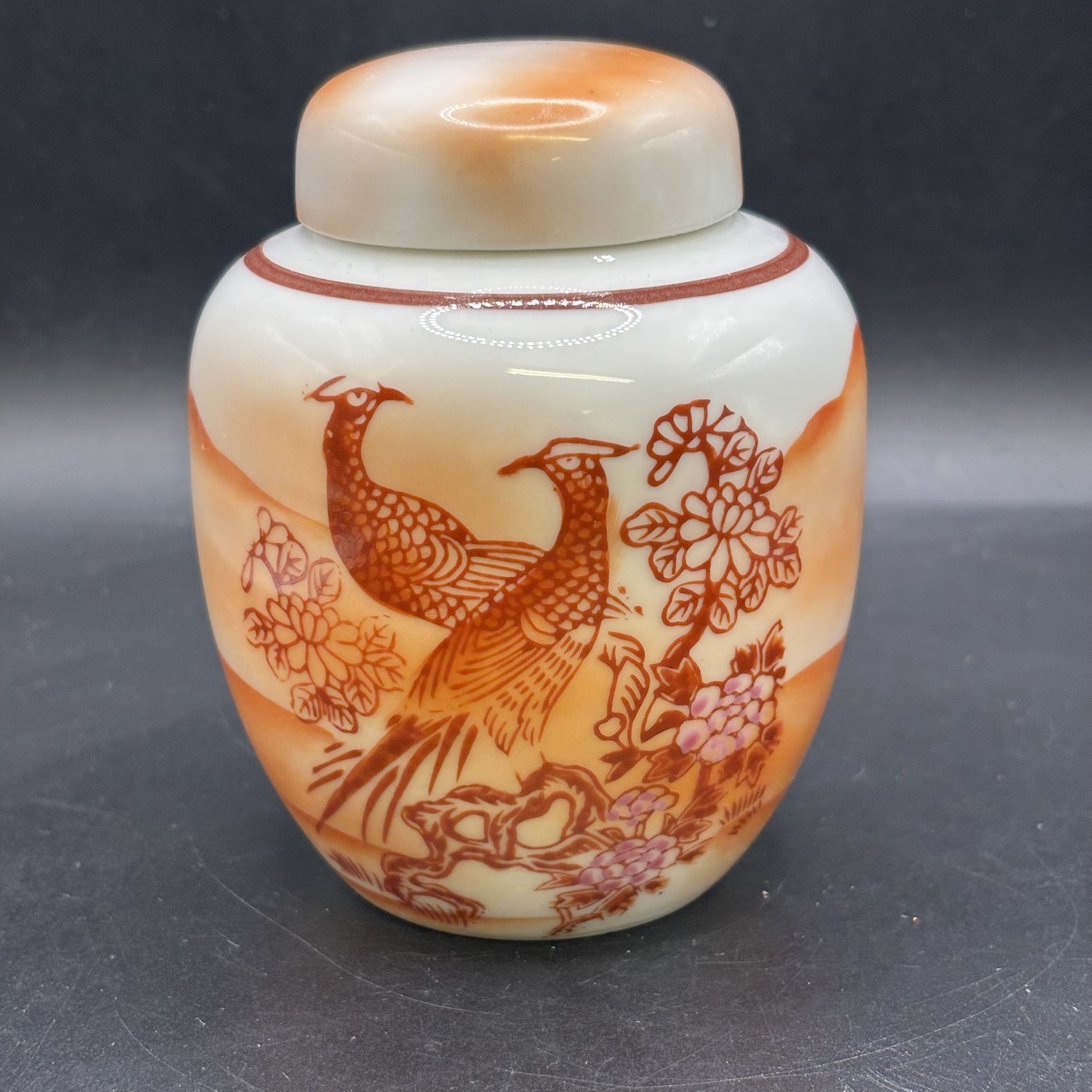 Heygil Imports Japanese Orange Ginger Jar with Peacocks 4”